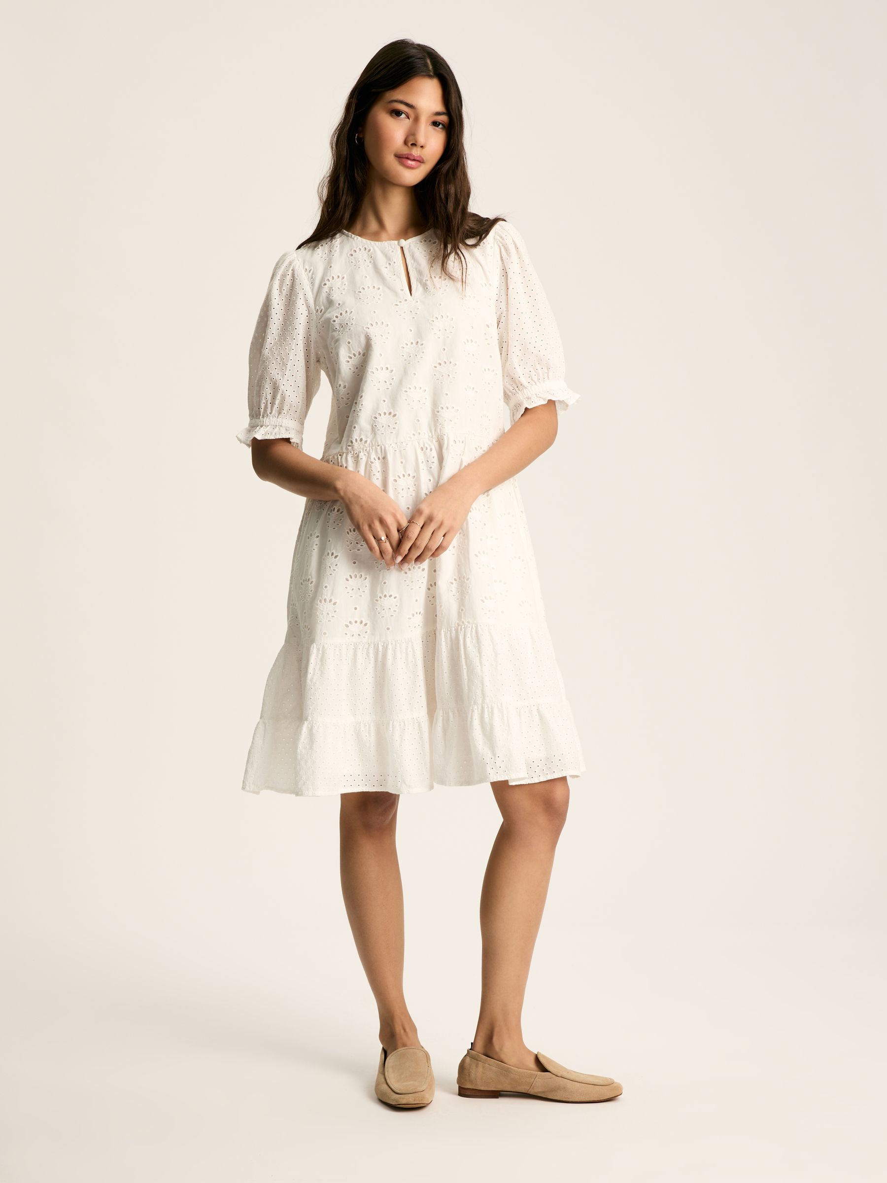 Isabel White Cotton Broderie Dress | Joules