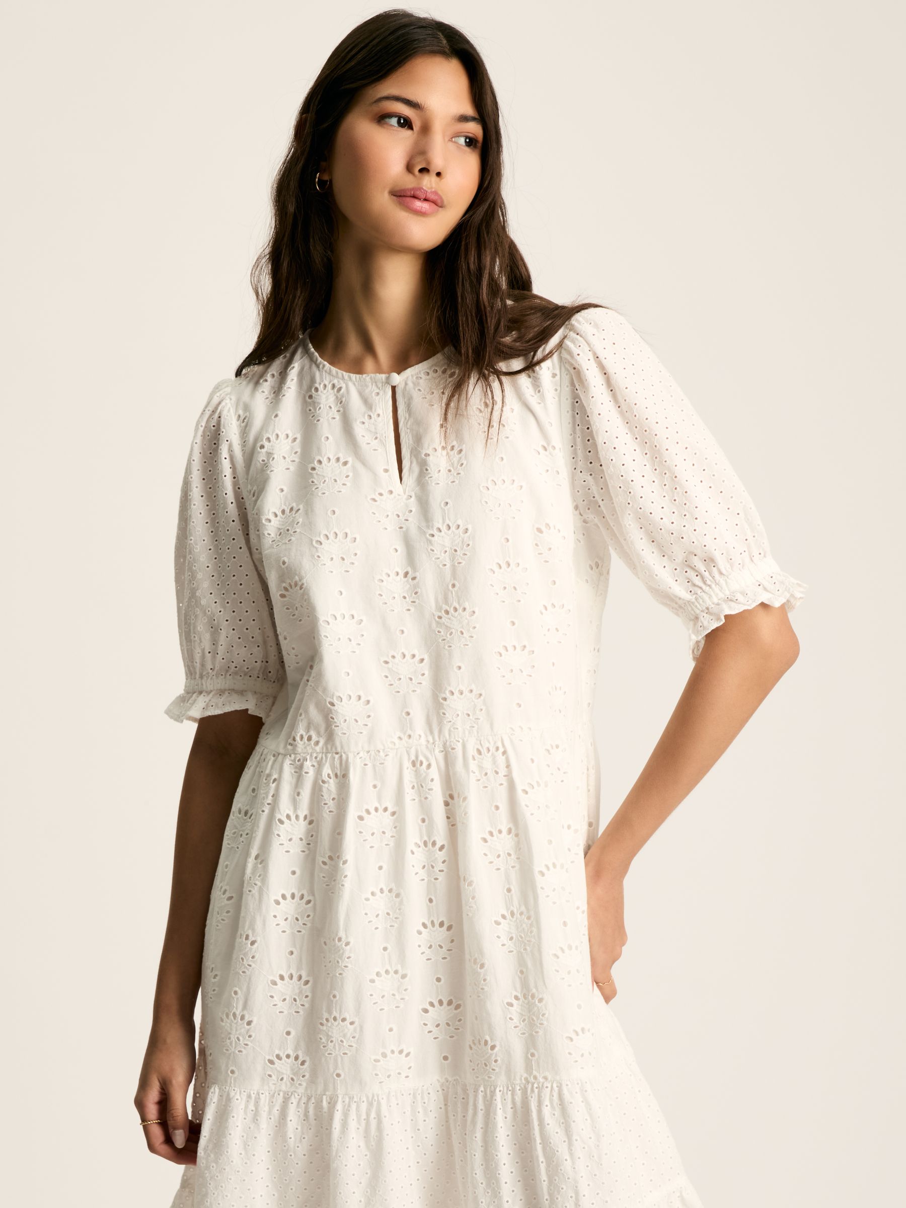 Isabel White Cotton Broderie Dress | Joules