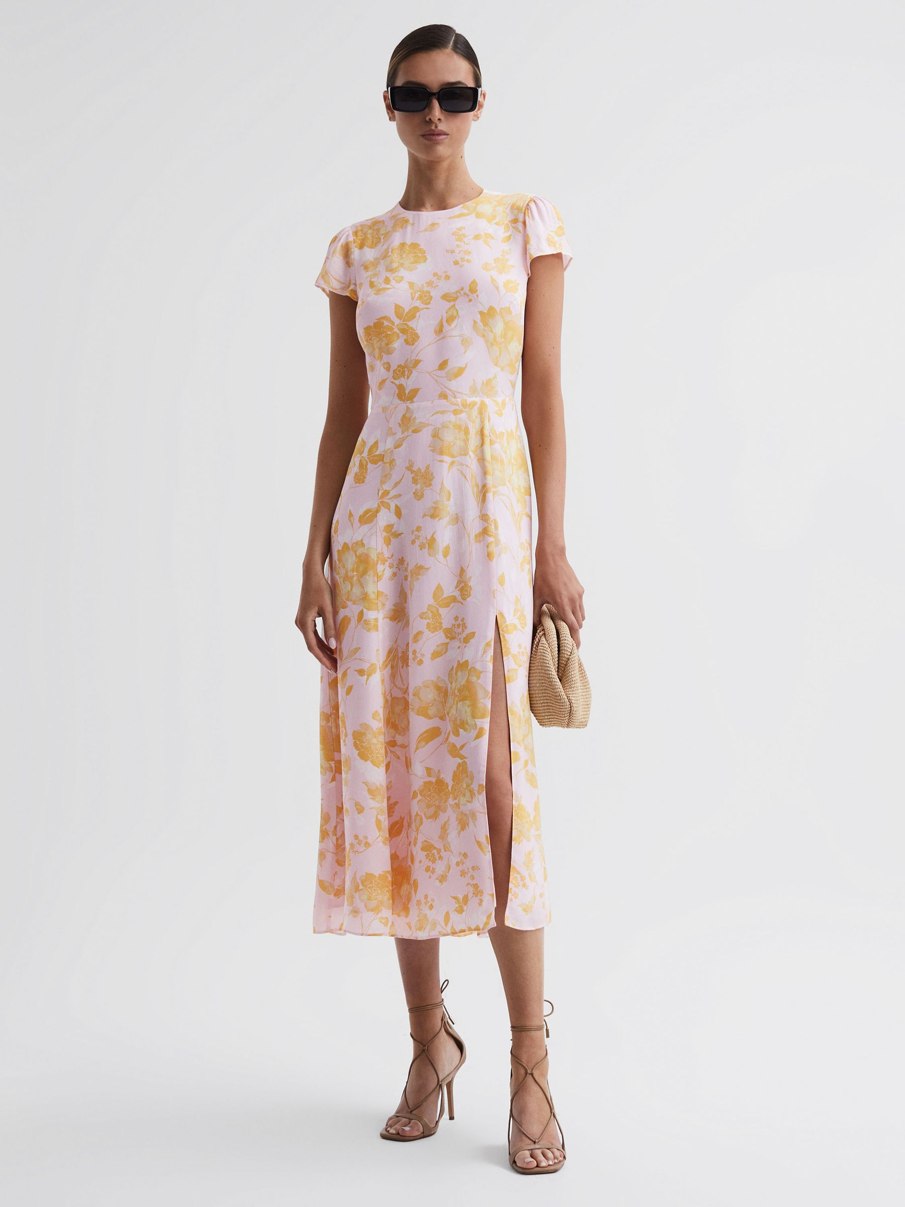 Reiss Floral Cut-Out Back Midi Dress in Pink/Yellow | REISS