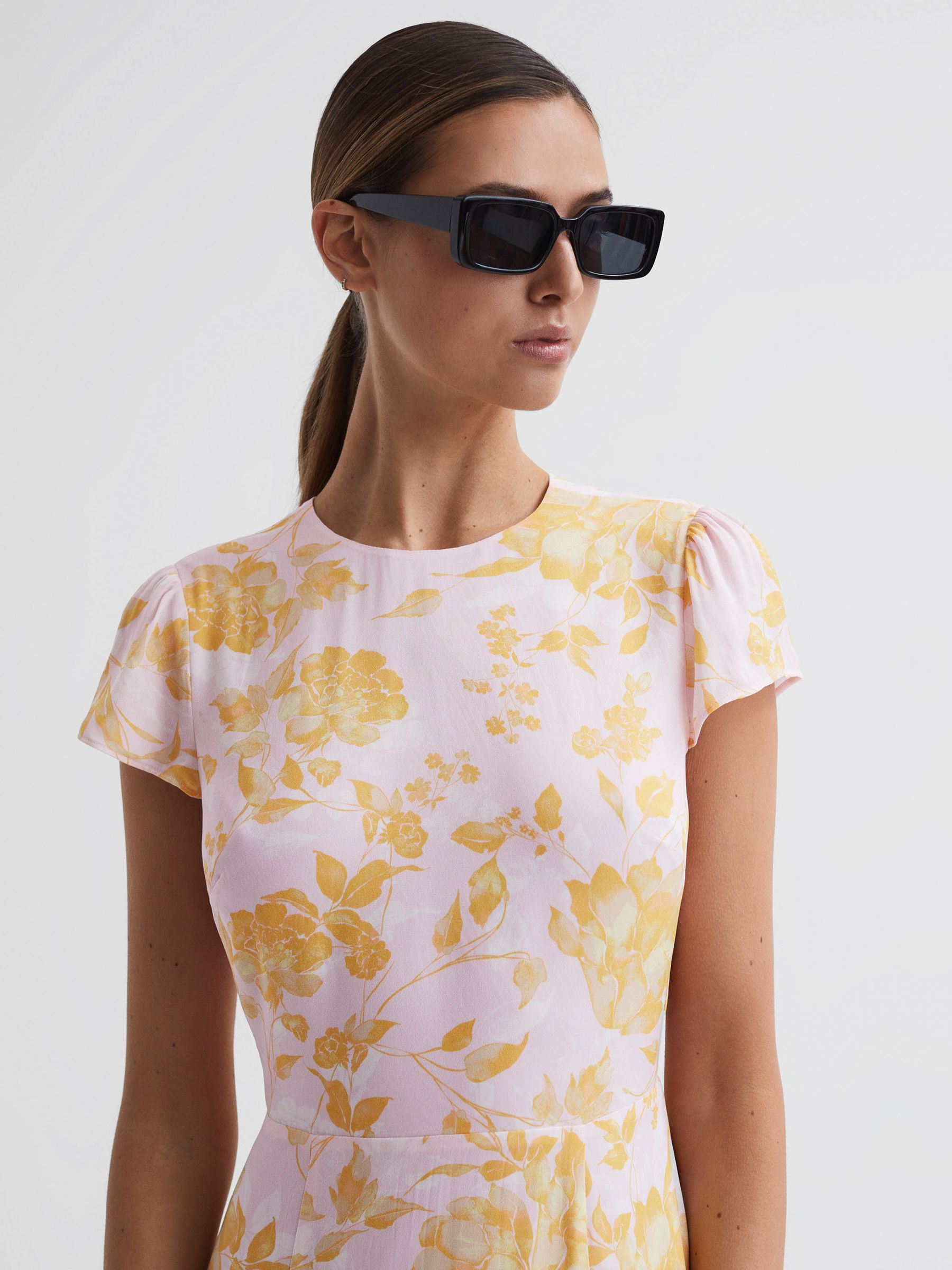 Reiss Floral Cut-Out Back Midi Dress in Pink/Yellow | REISS