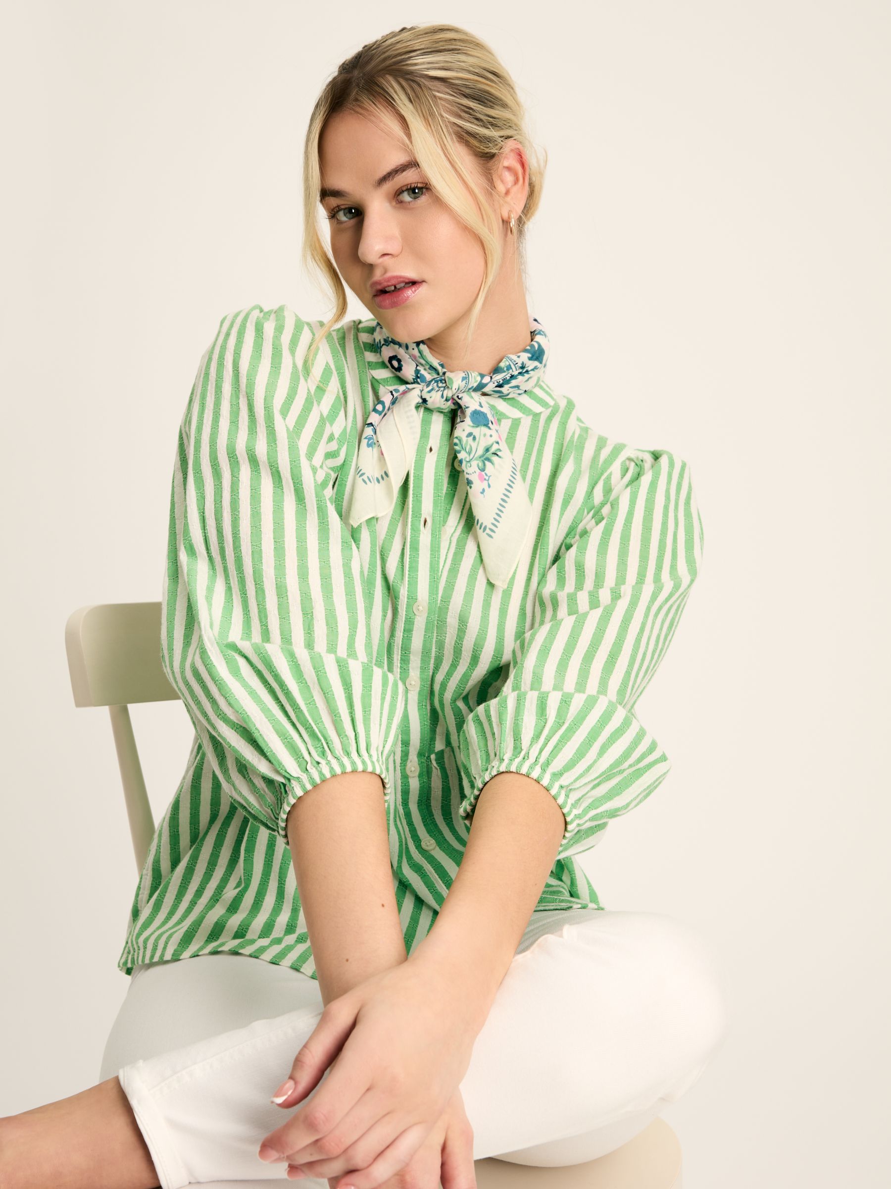 Rowan Green/White Gathered Sleeve Blouse | Joules