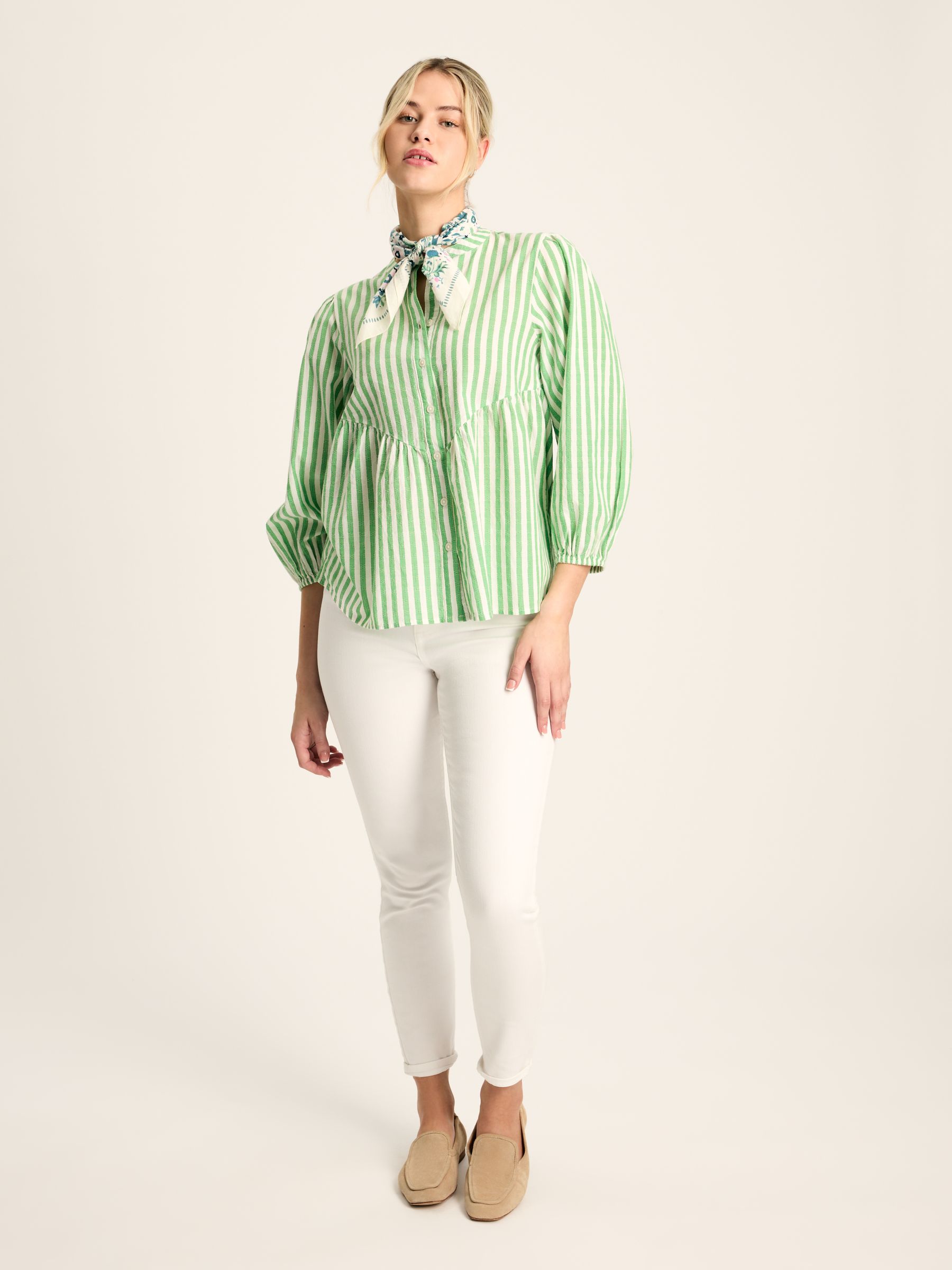 Rowan Green/White Gathered Sleeve Blouse | Joules