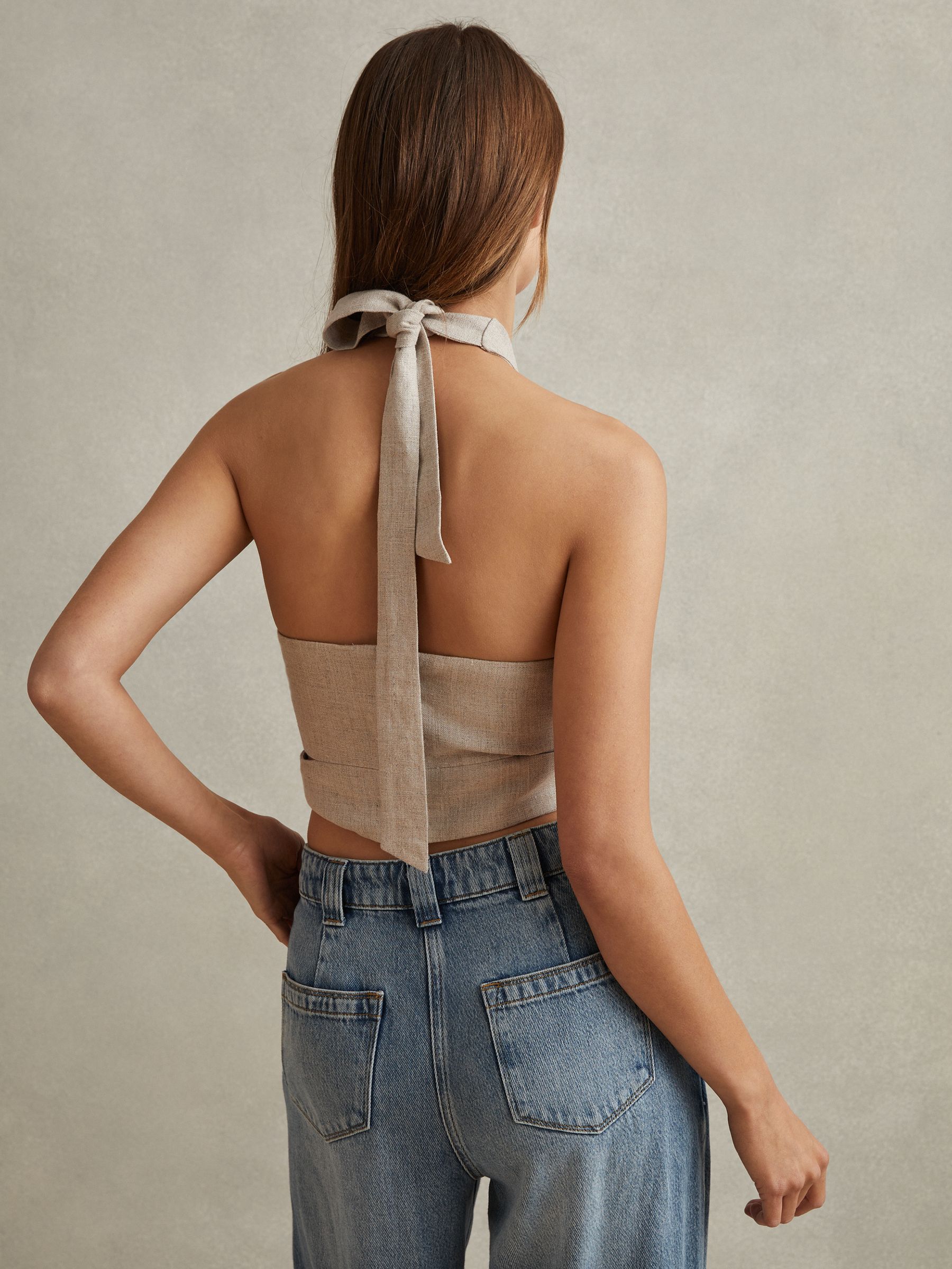 Reiss Linen Halter Neck Cropped Top in Neutral - REISS