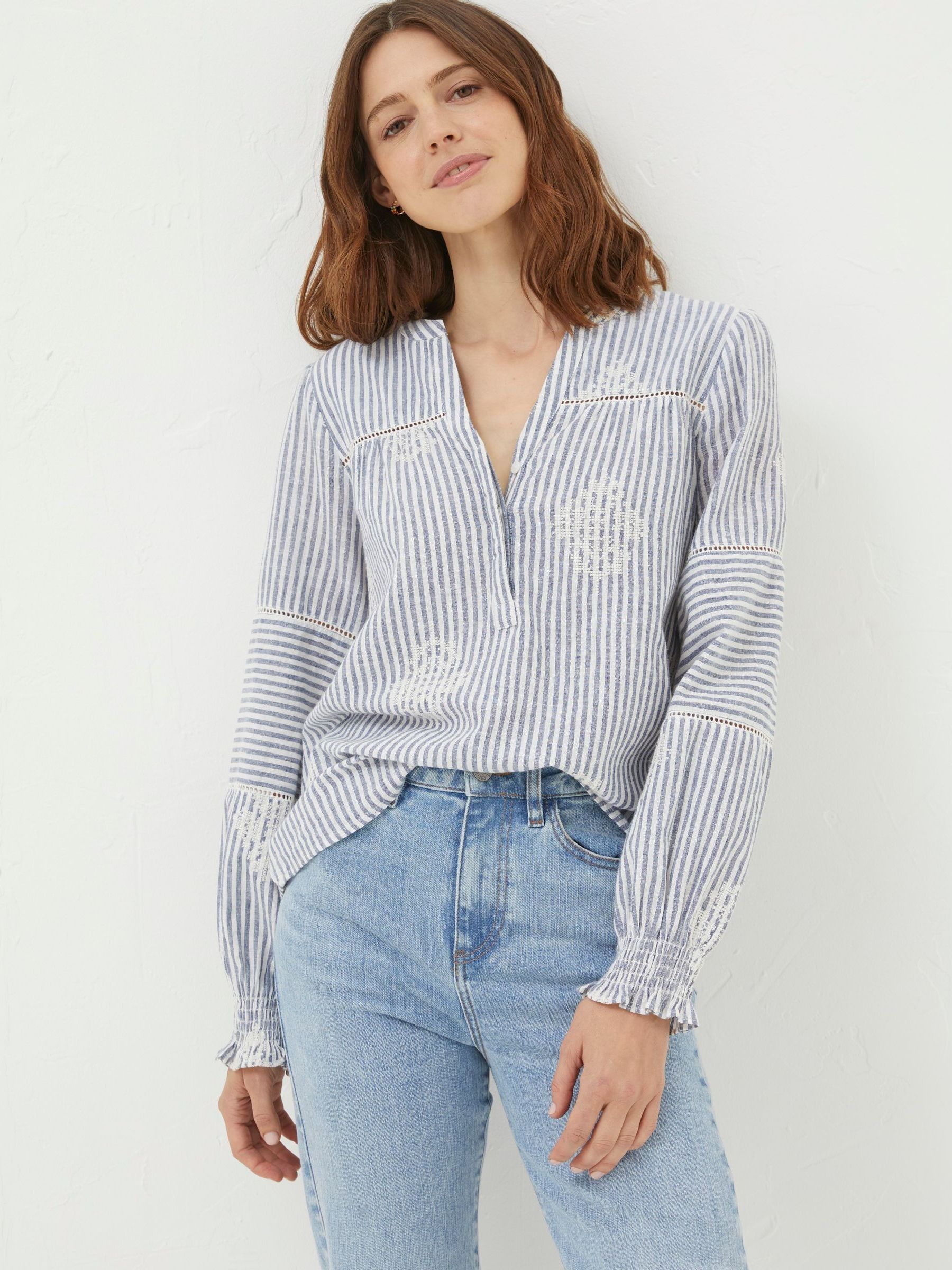 Blue Poppy Stripe Embroidered Blouse | FatFace