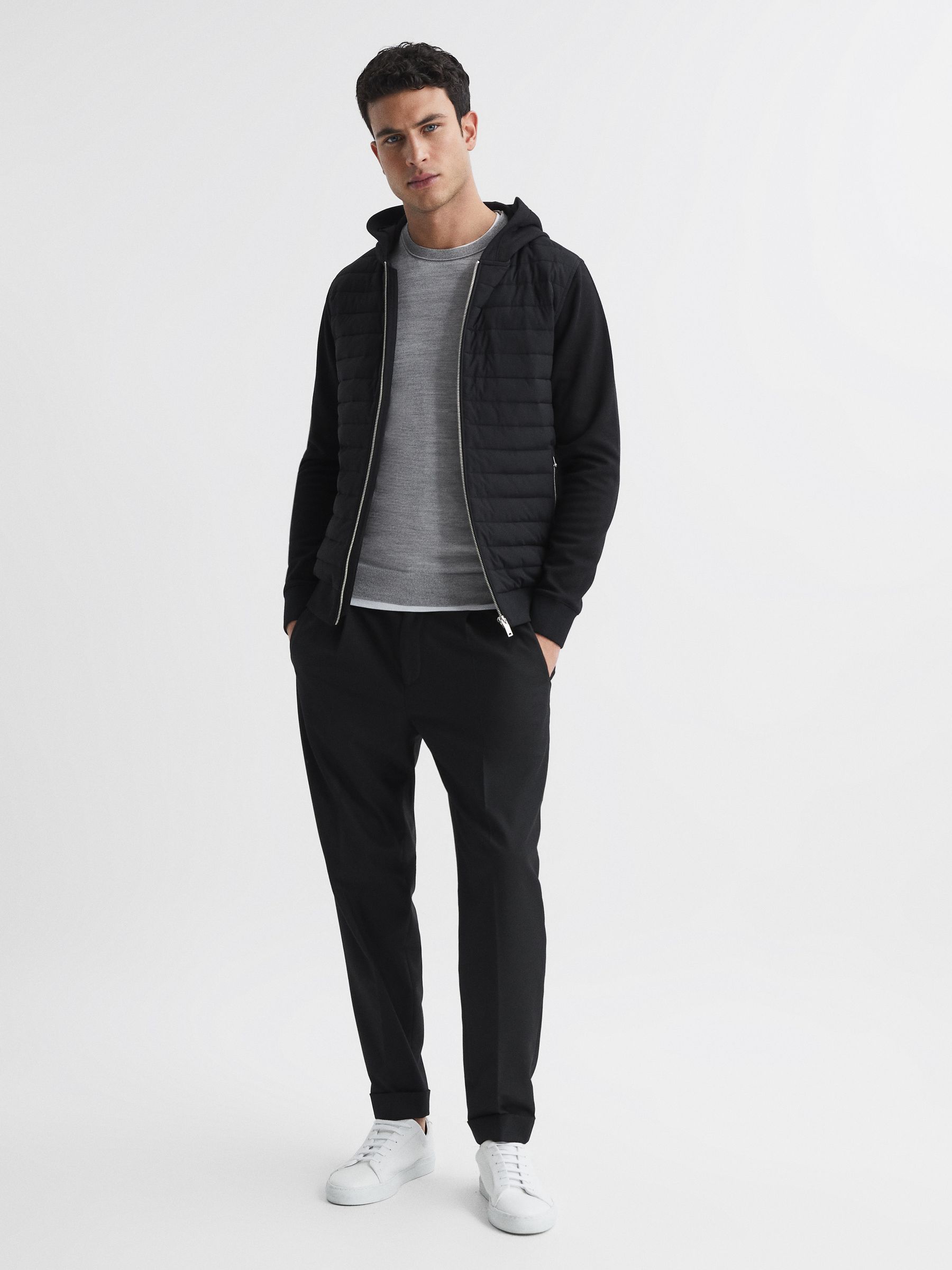 Reiss Hybrid Zip Quilted Hooded Jacket in Black - REISS