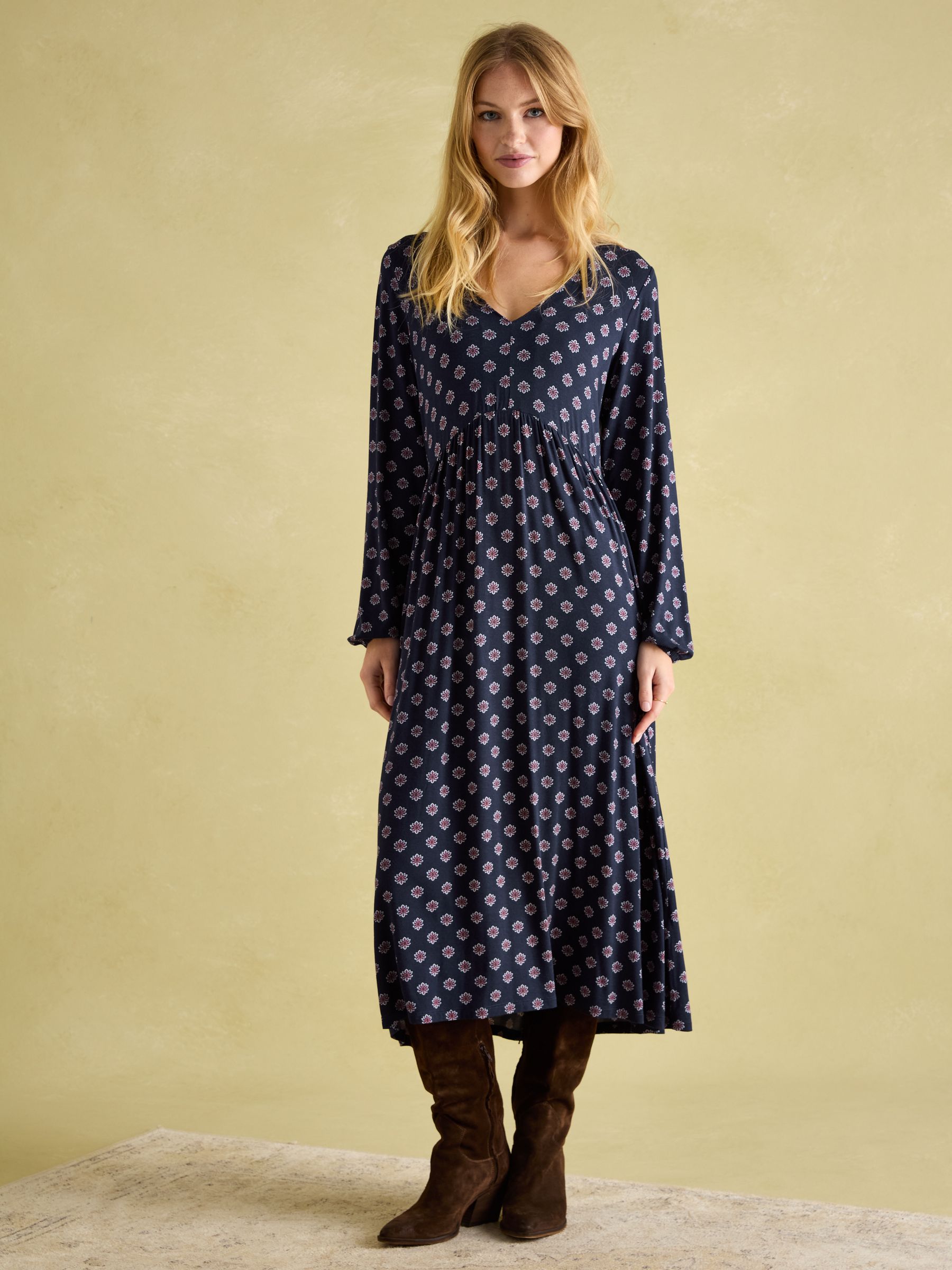 Nia Navy Blue Floral V-Neck Long Sleeve Midaxi Dress | Joules