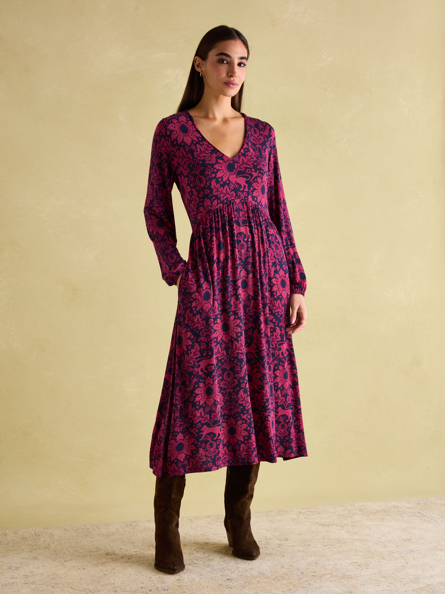Nia Red & Navy V-Neck Long Sleeve Midaxi Dress | Joules