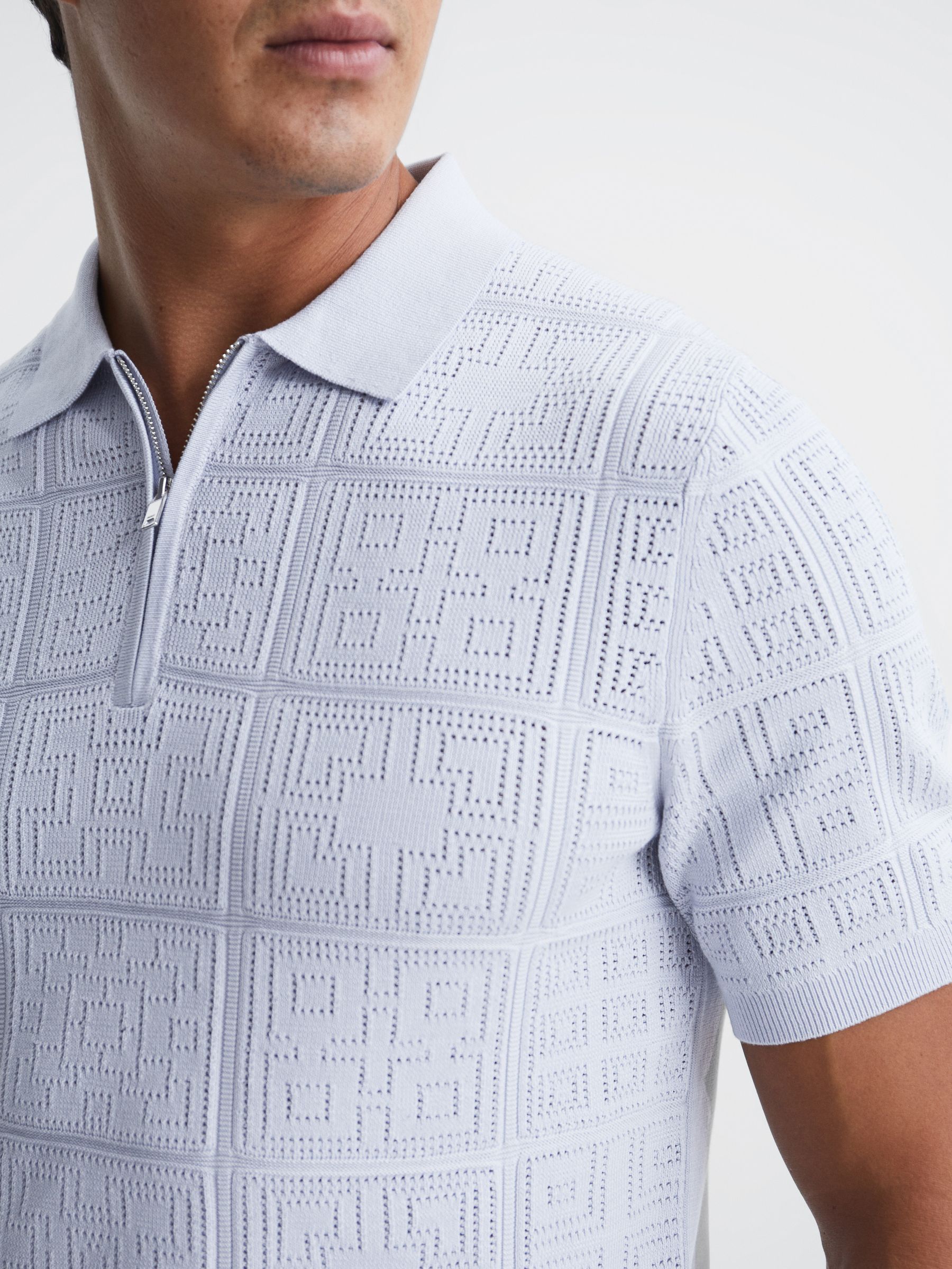 Reiss Half Zip Textured Polo Shirt in Soft Blue | REISS