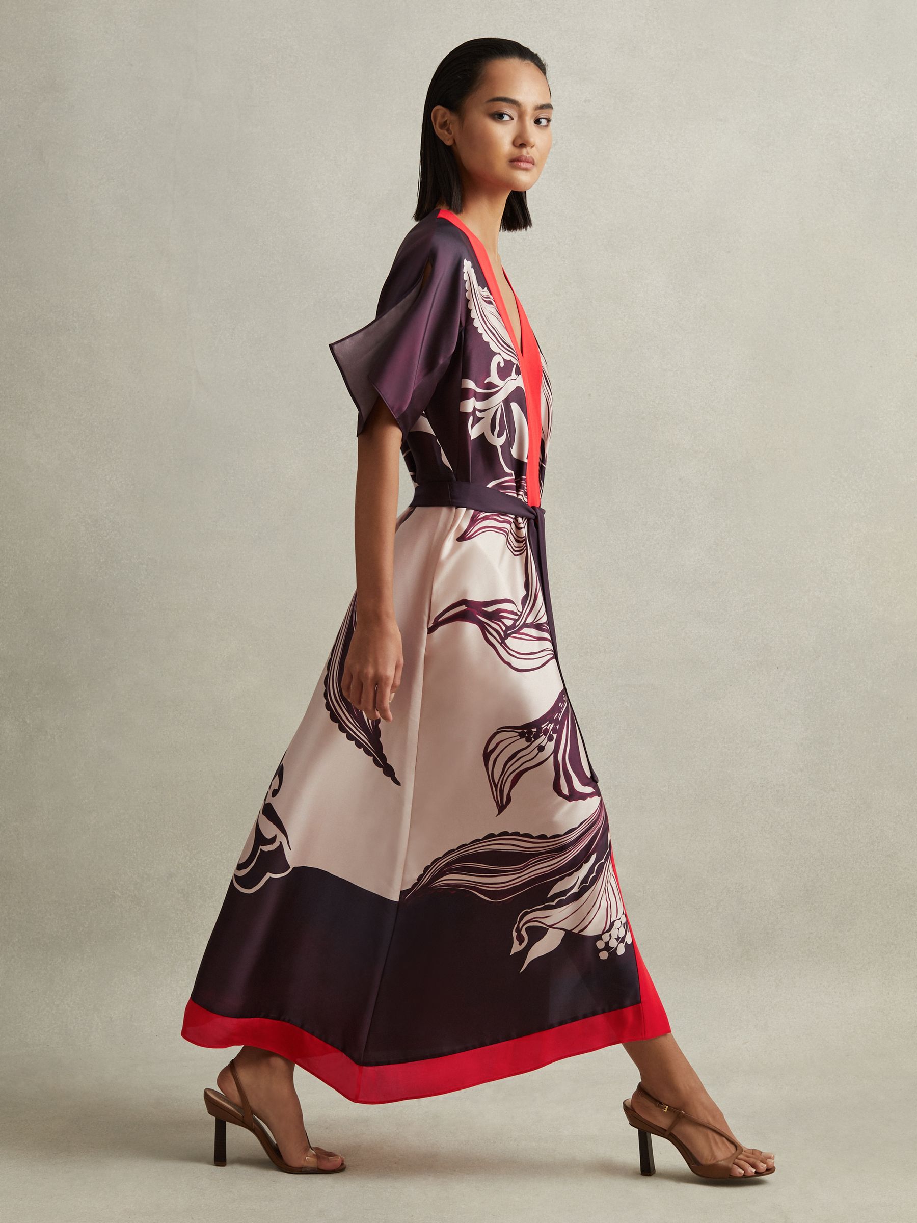 Reiss Petite Printed Front Split Midi Dress in Ivory/Burgundy - REISS
