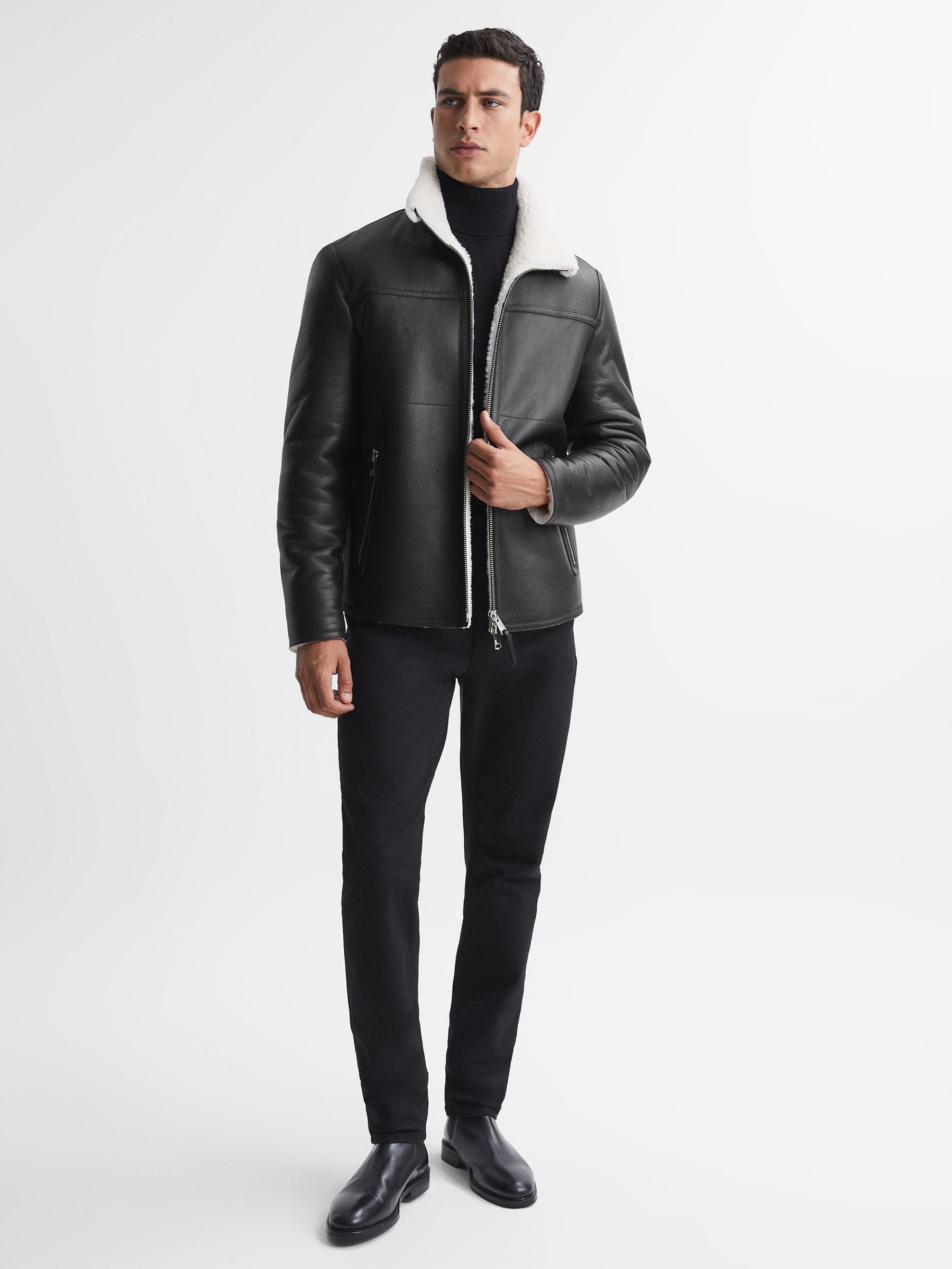Reiss Leather Sheepskin Jacket in Black - REISS