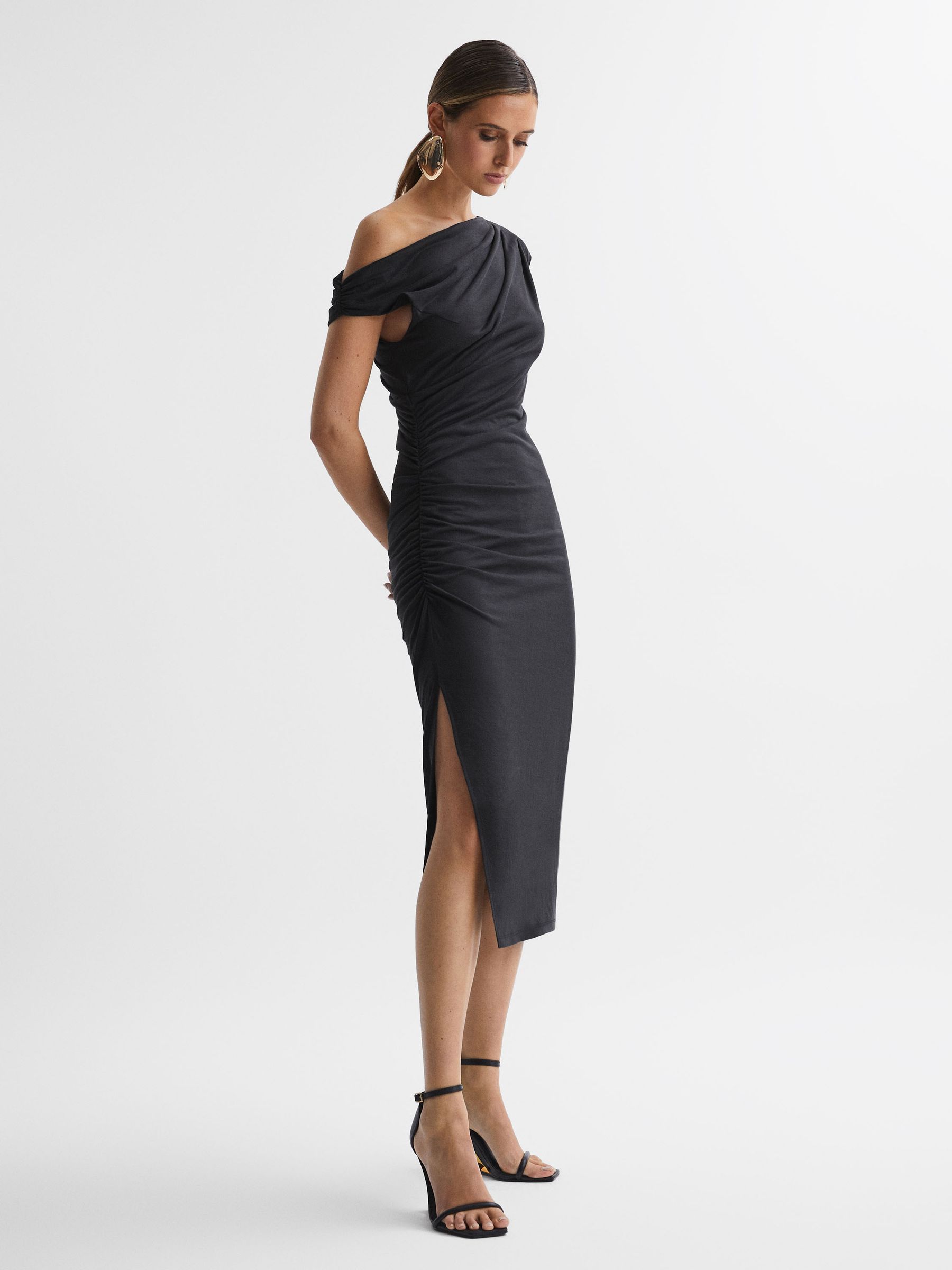 Reiss Bodycon Ruched Midi Dress in Charcoal | REISS