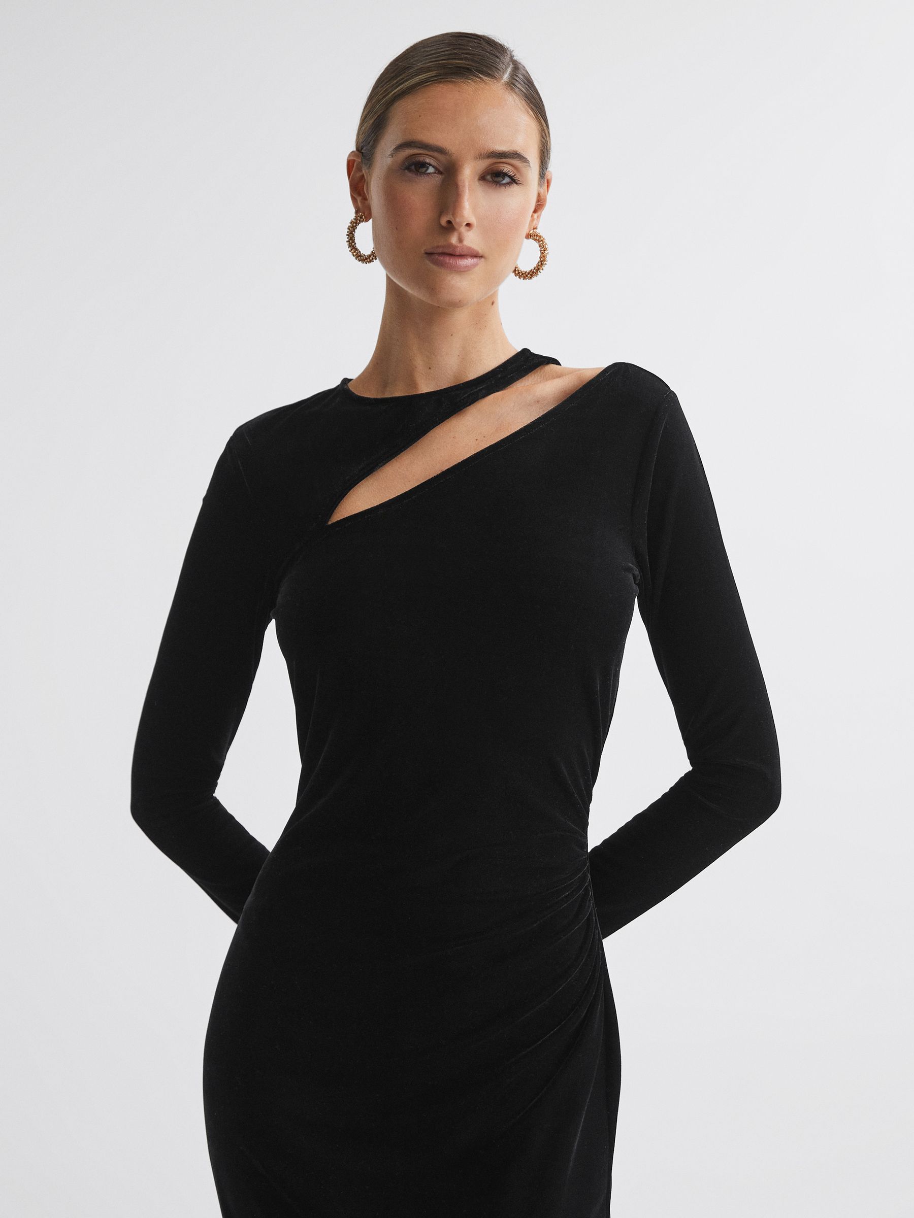 Reiss Velvet Cut-Out Midi Dress in Black | REISS