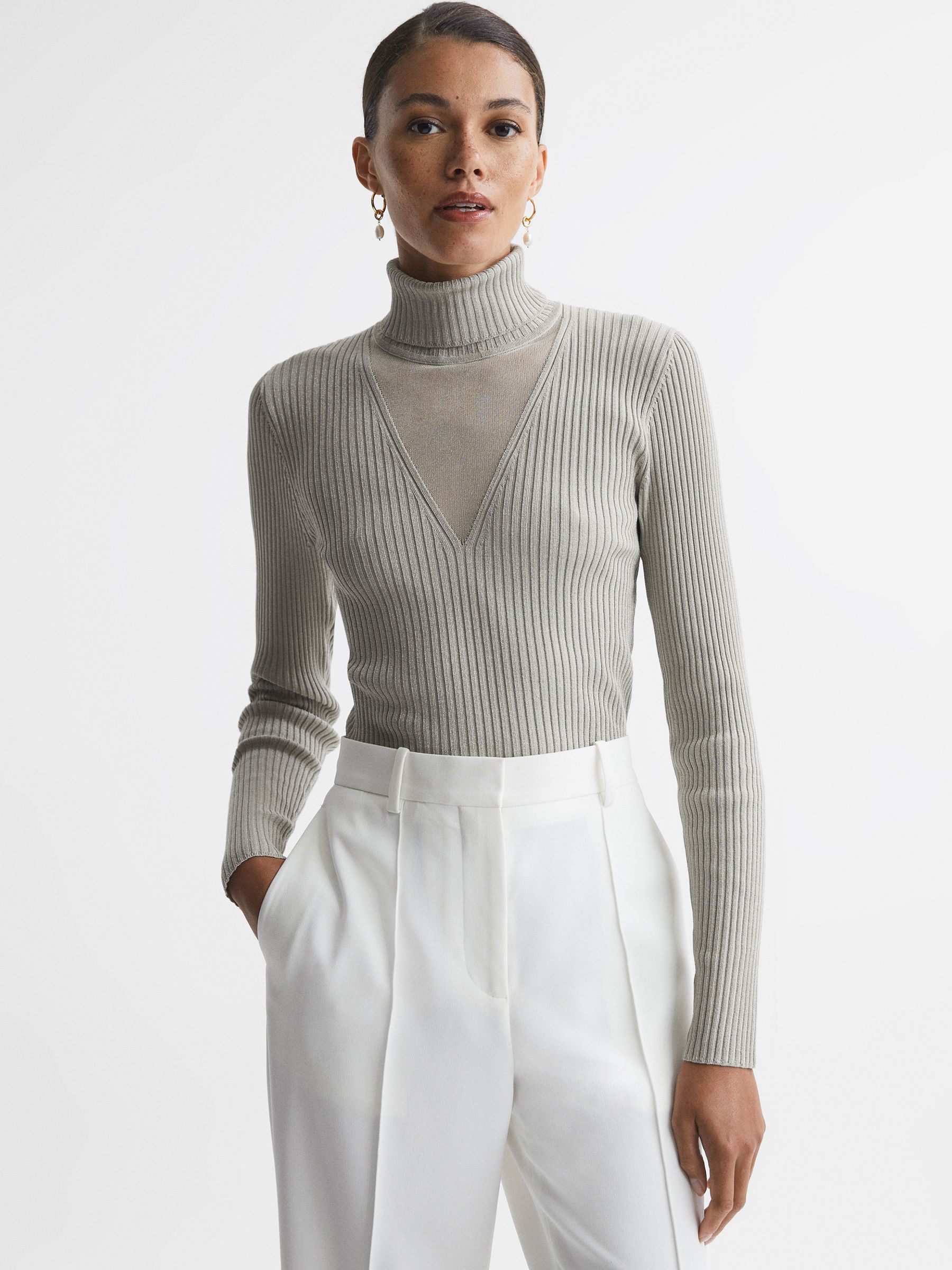 Reiss Metallic Ribbed Mesh Panel Funnel Neck Top in Silver | REISS