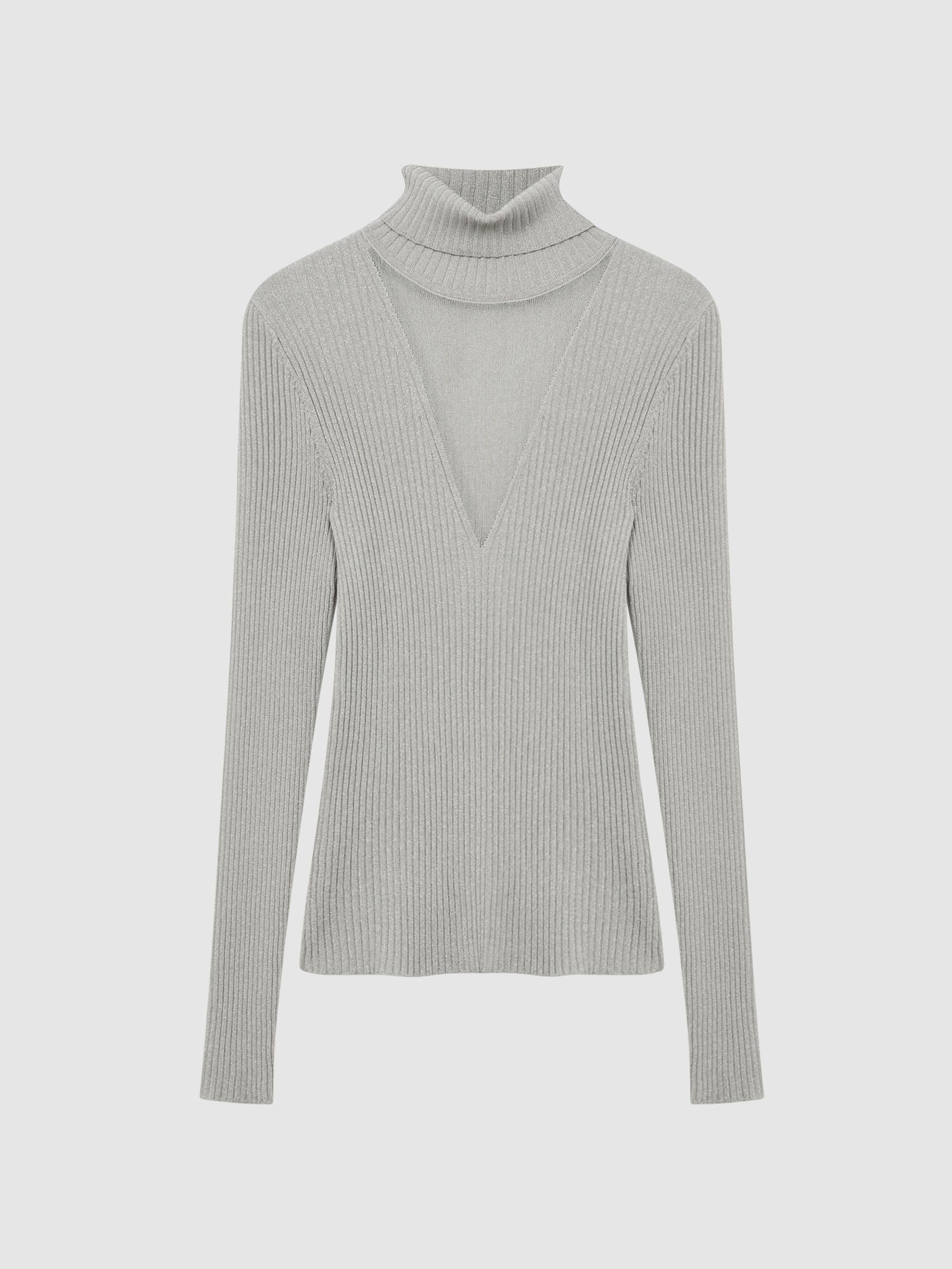 Reiss Metallic Ribbed Mesh Panel Funnel Neck Top in Silver | REISS