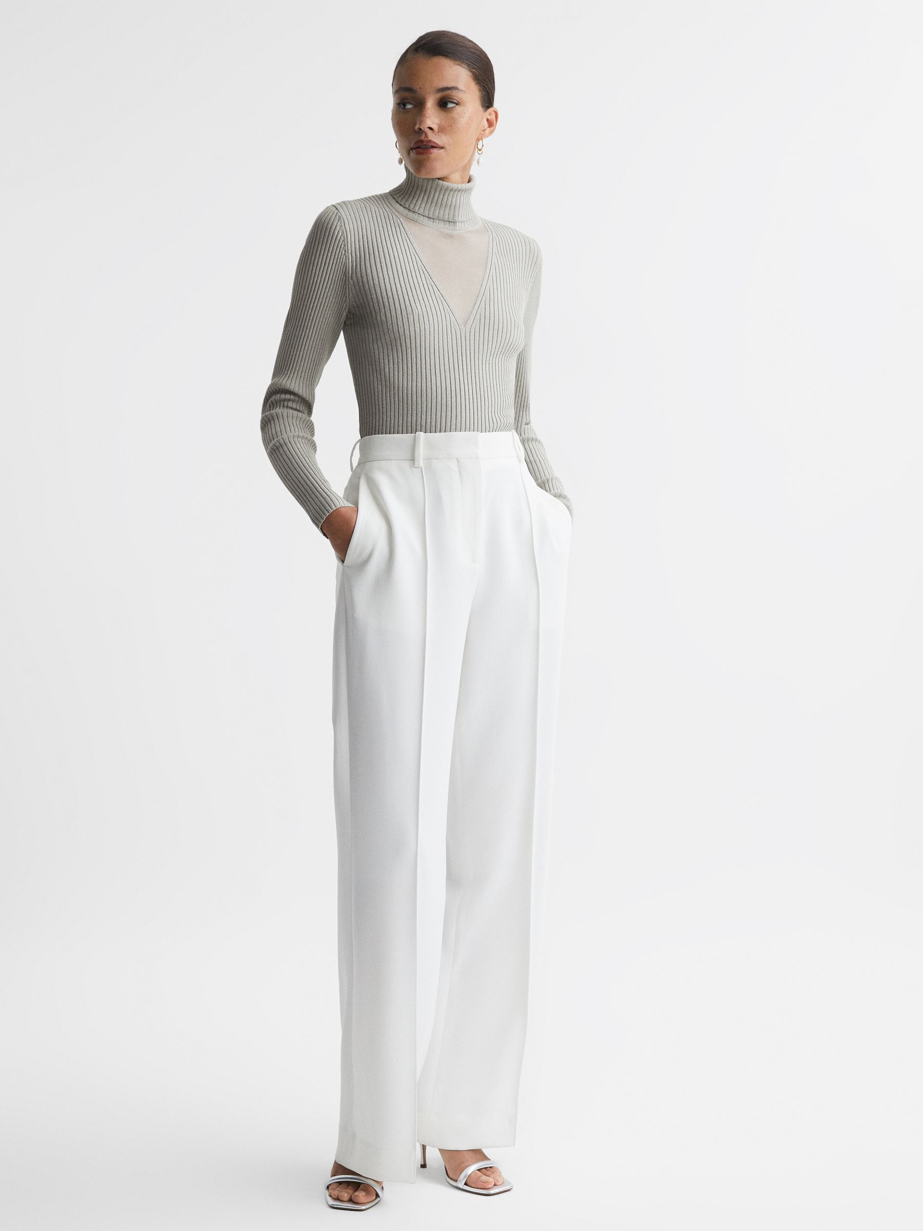 Reiss Metallic Ribbed Mesh Panel Funnel Neck Top in Silver - REISS