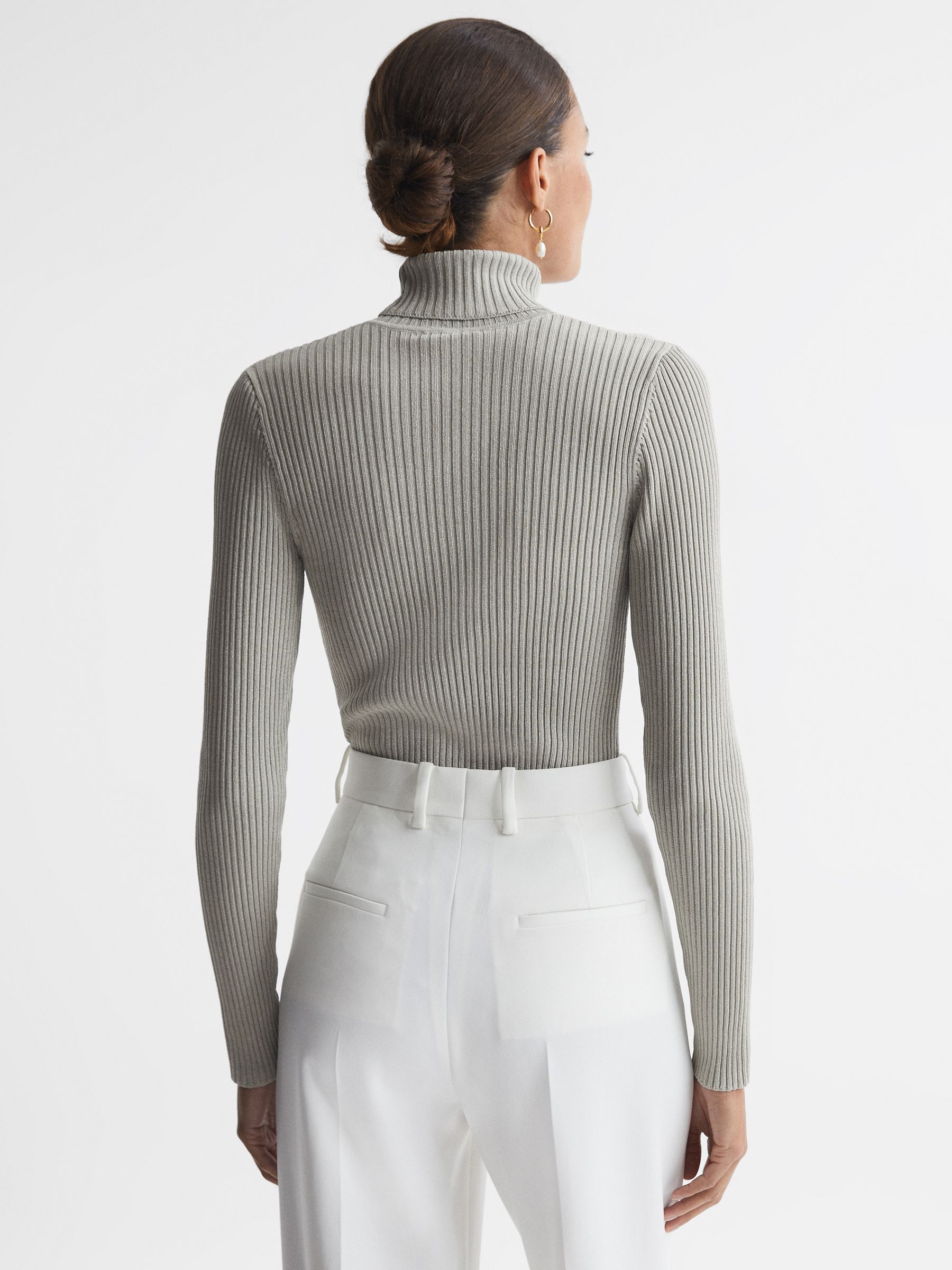 Reiss Metallic Ribbed Mesh Panel Funnel Neck Top in Silver - REISS
