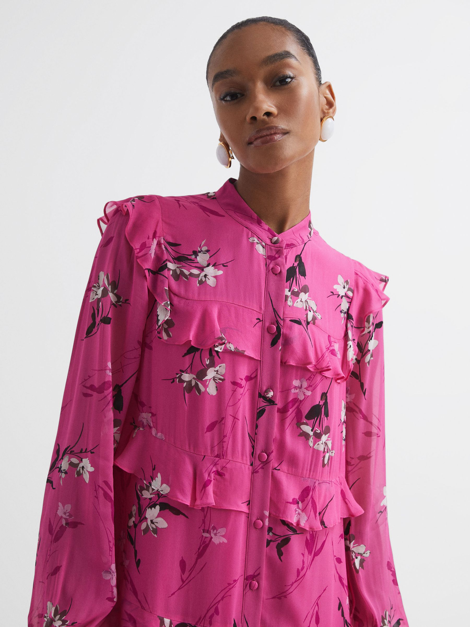 Reiss Florere Floral Tiered Maxi Dress in Bright Pink - REISS
