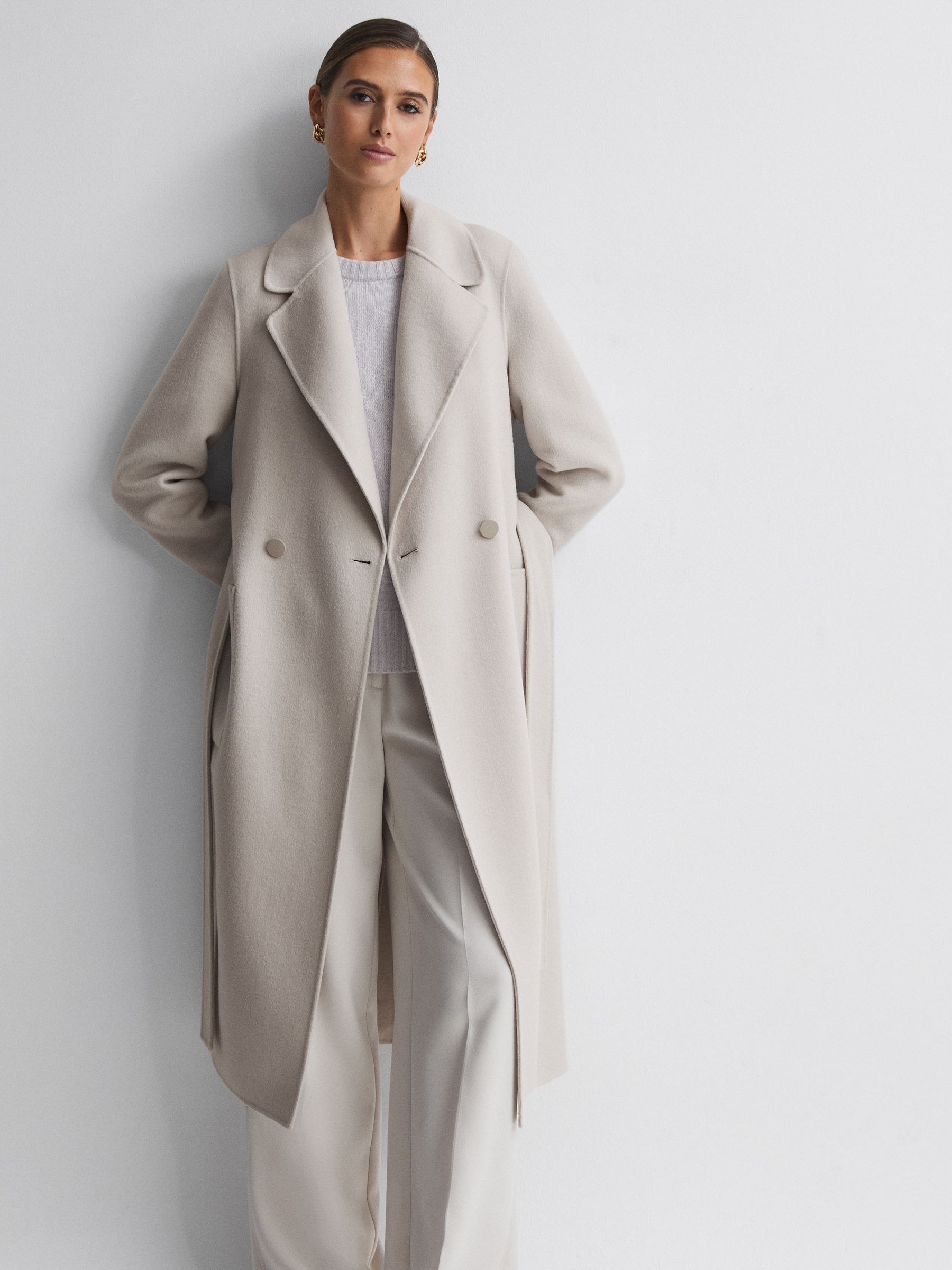 Reiss Long Wool Blend Blindseam Coat in Stone - REISS