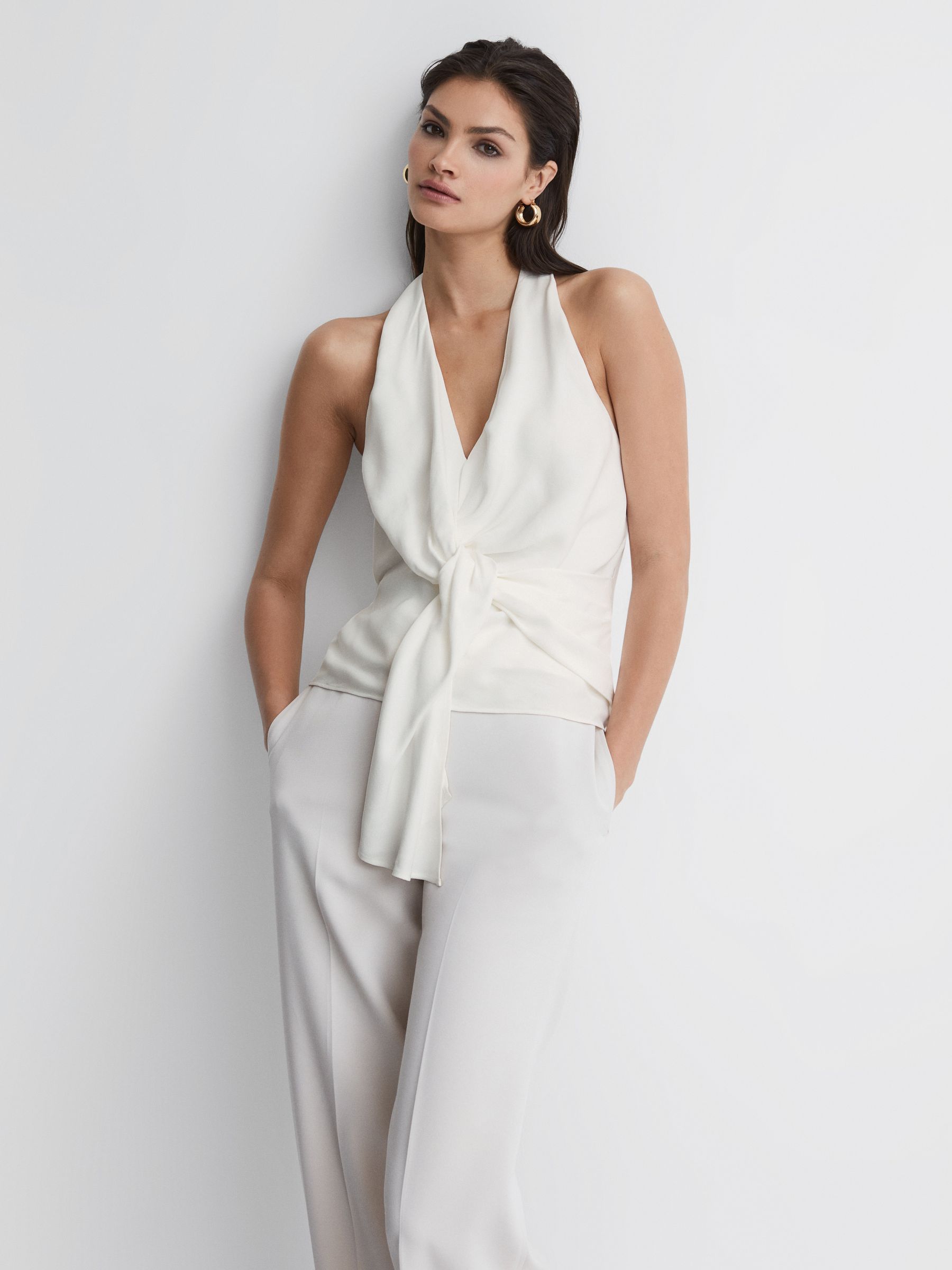 Reiss Tie Halter Neck Blouse in Ivory | REISS