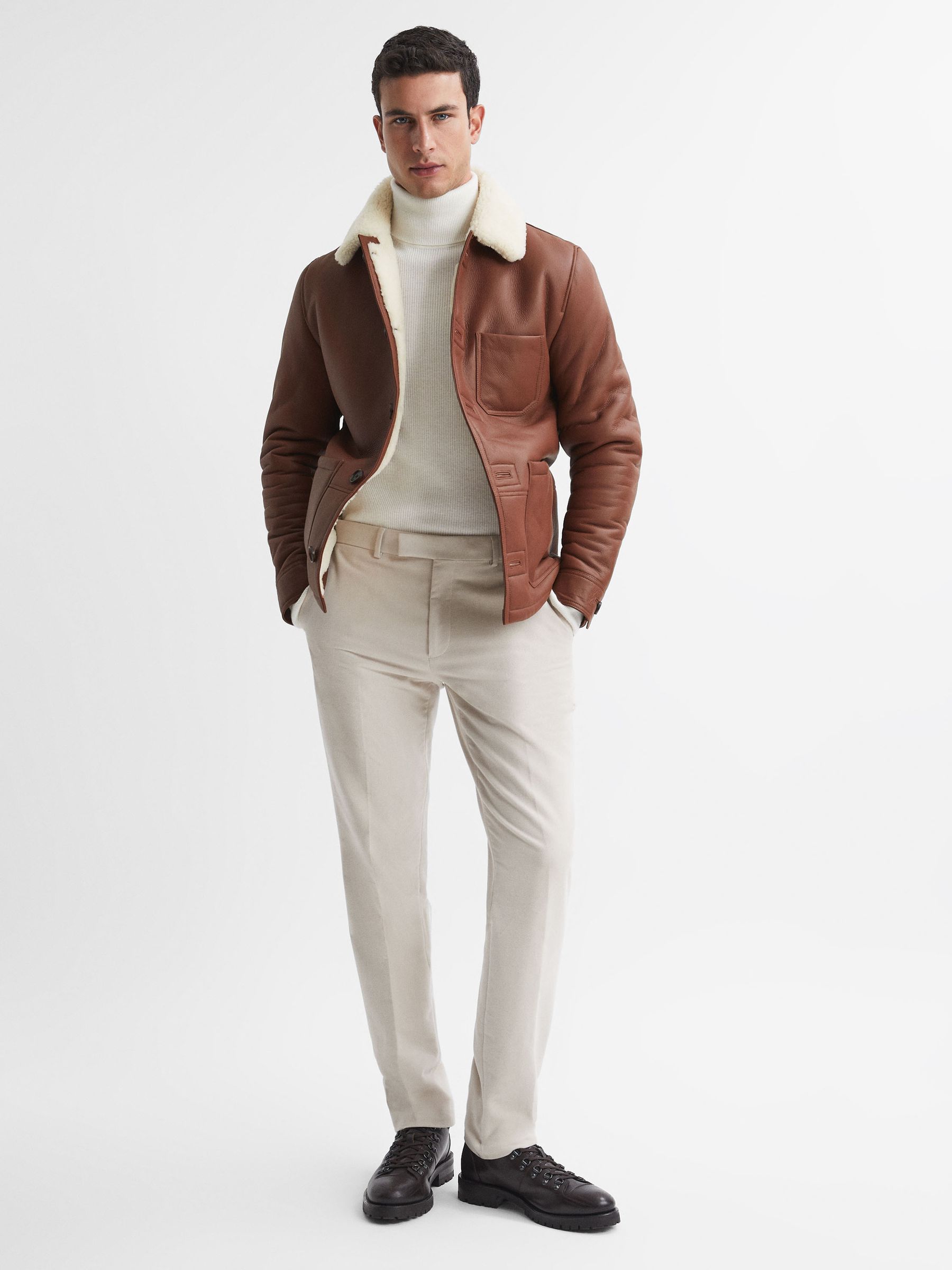 Reiss Leather Shearling Button-Through Jacket in Brown - REISS