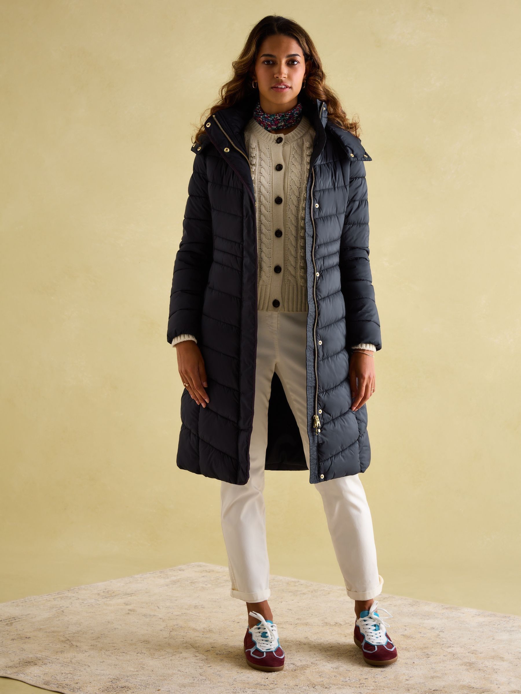 Pembury Navy Blue Showerproof Longline Padded Coat With Hood | Joules