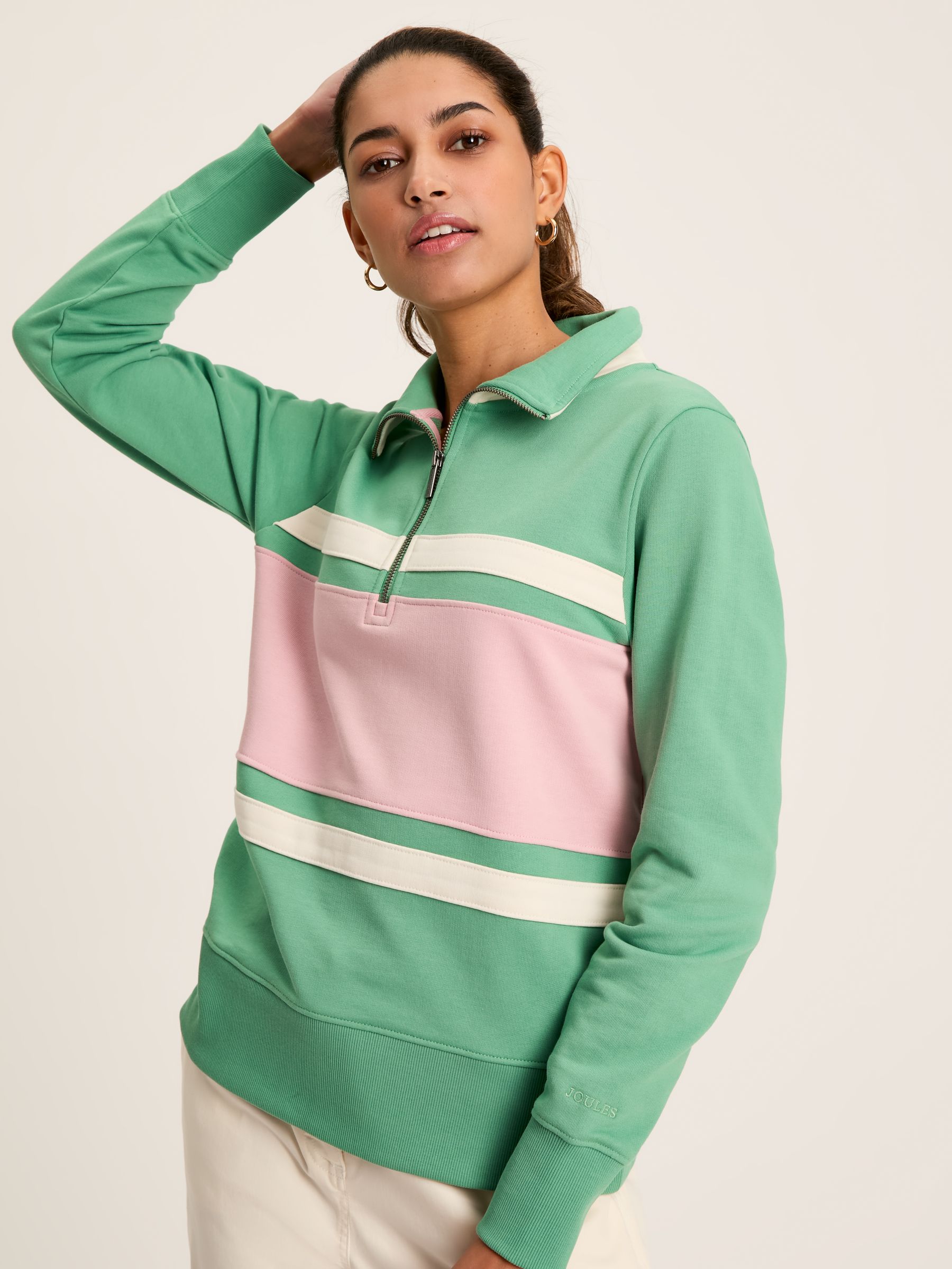Tadley Green & Pink Quarter Zip Sweatshirt | Joules
