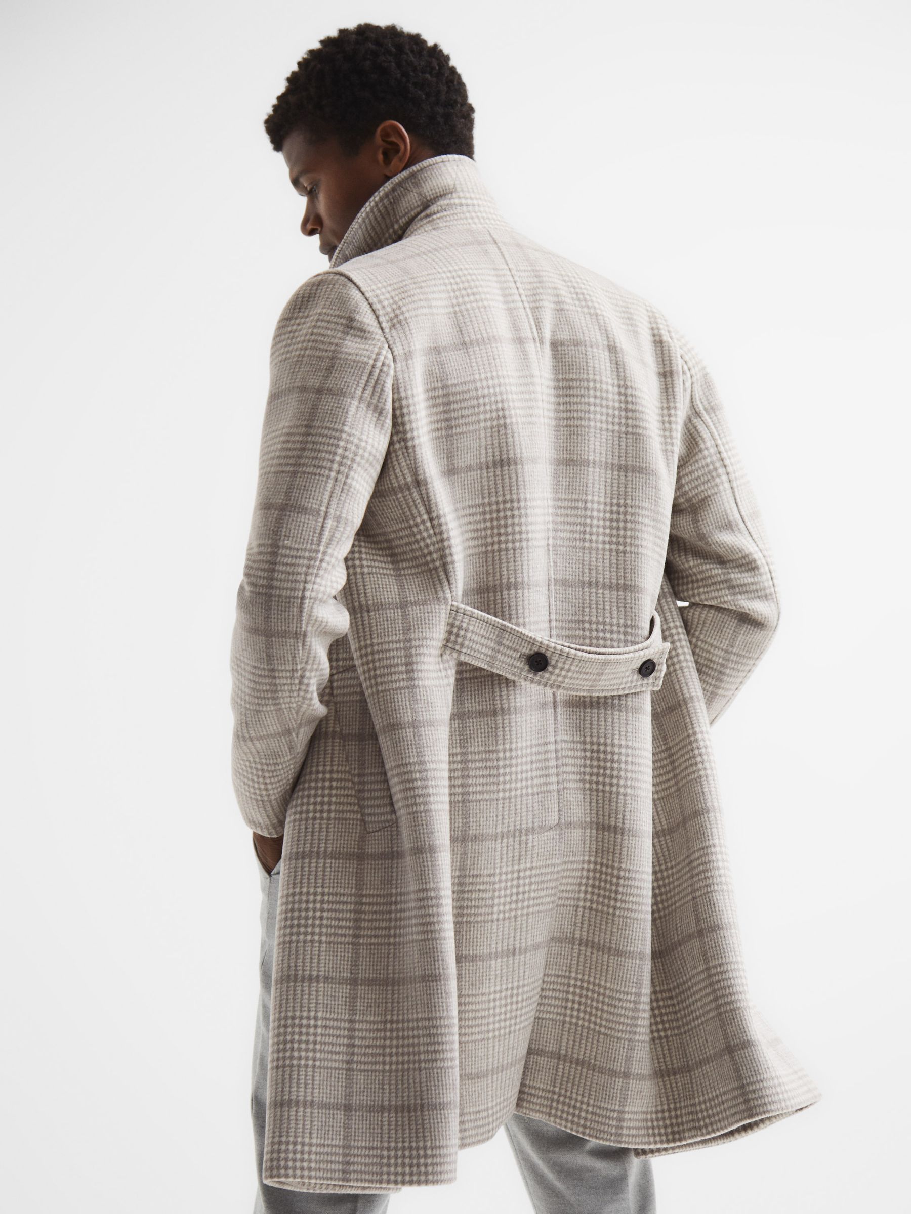 Reiss Double Breasted Long Checked Overcoat in Soft Grey - REISS