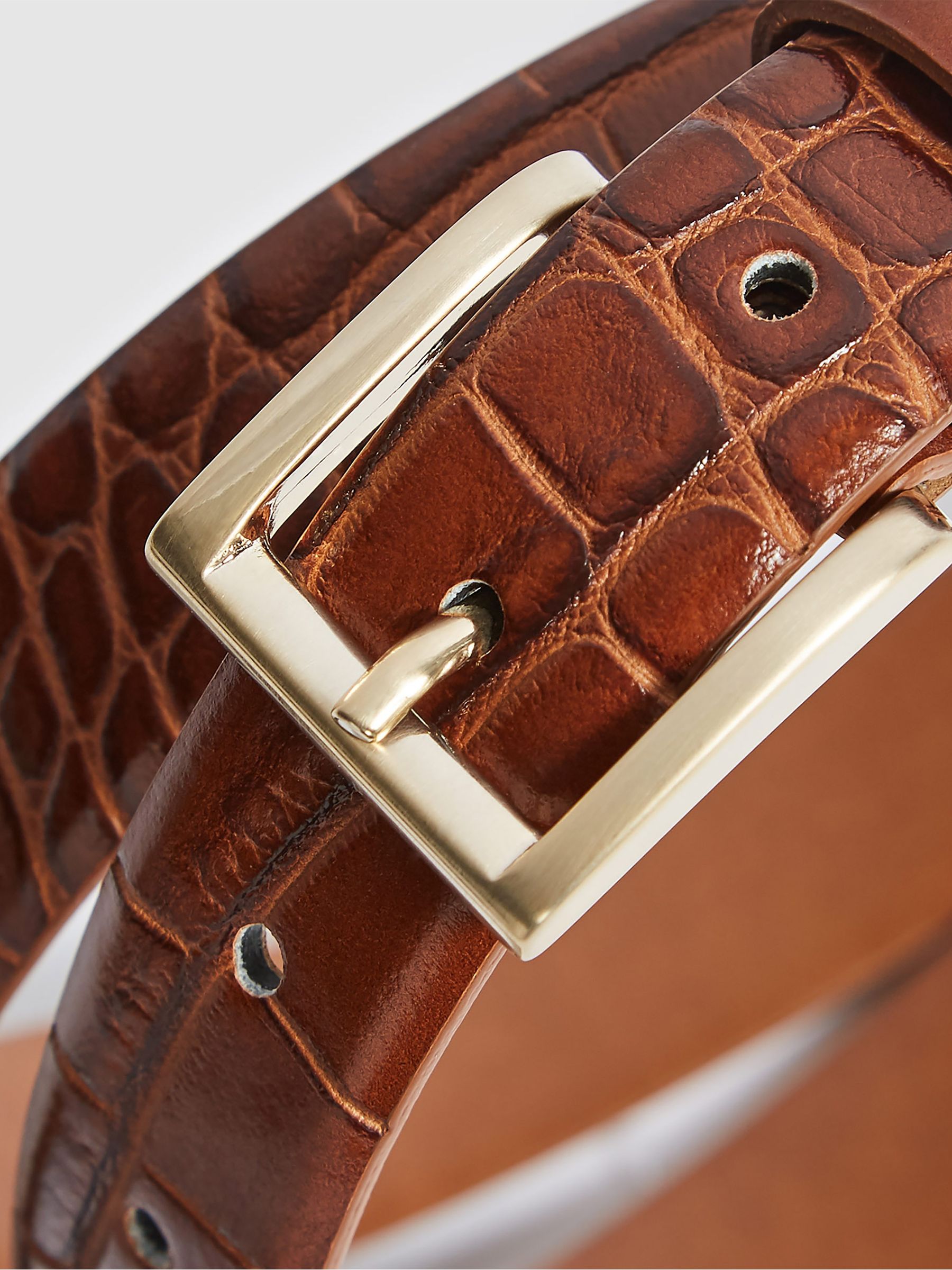 Reiss Leather Croc Embossed Belt in Caramel - REISS