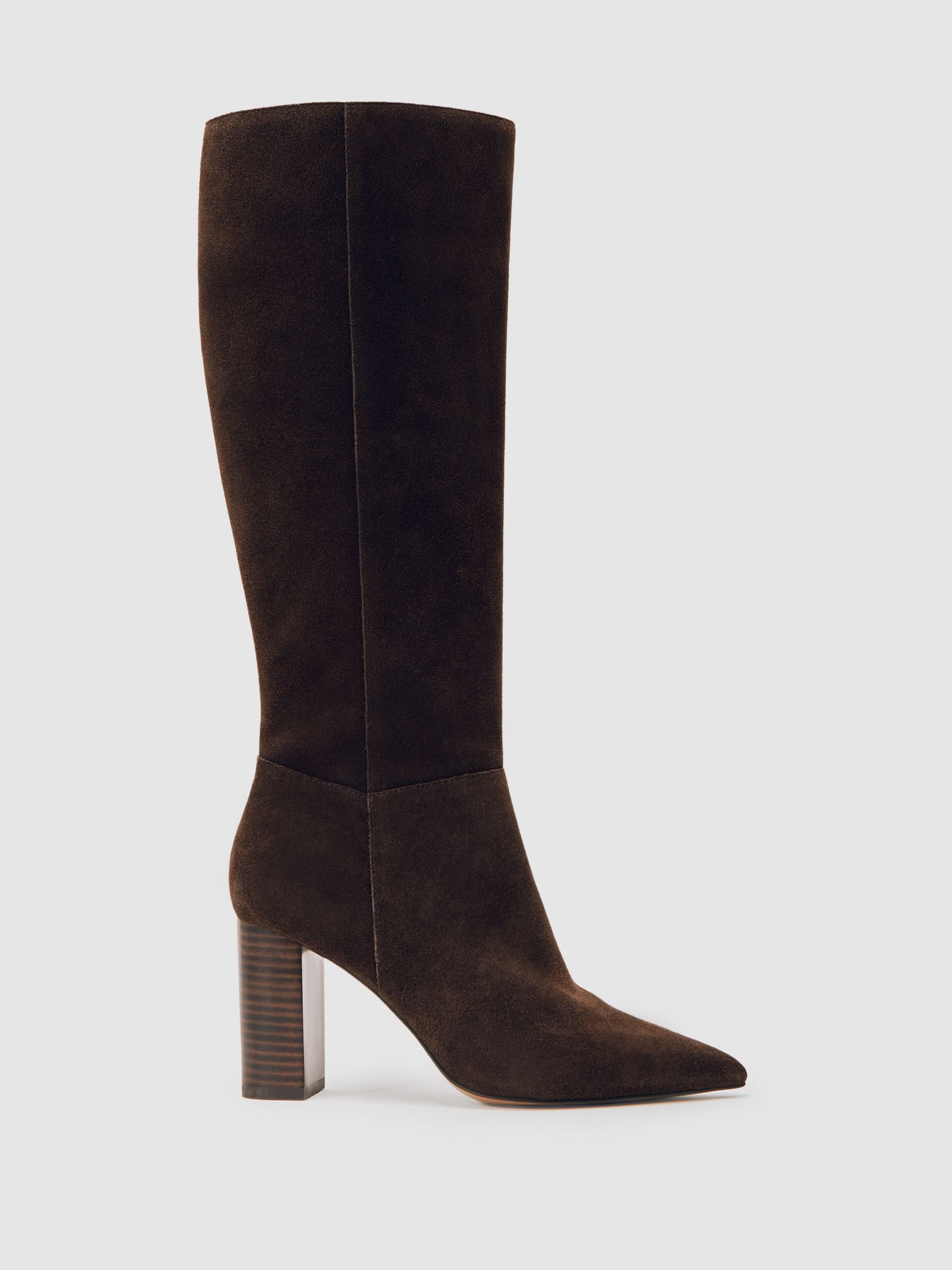 Reiss Leather Block-Heel Knee-High Boots in Chocolate | REISS