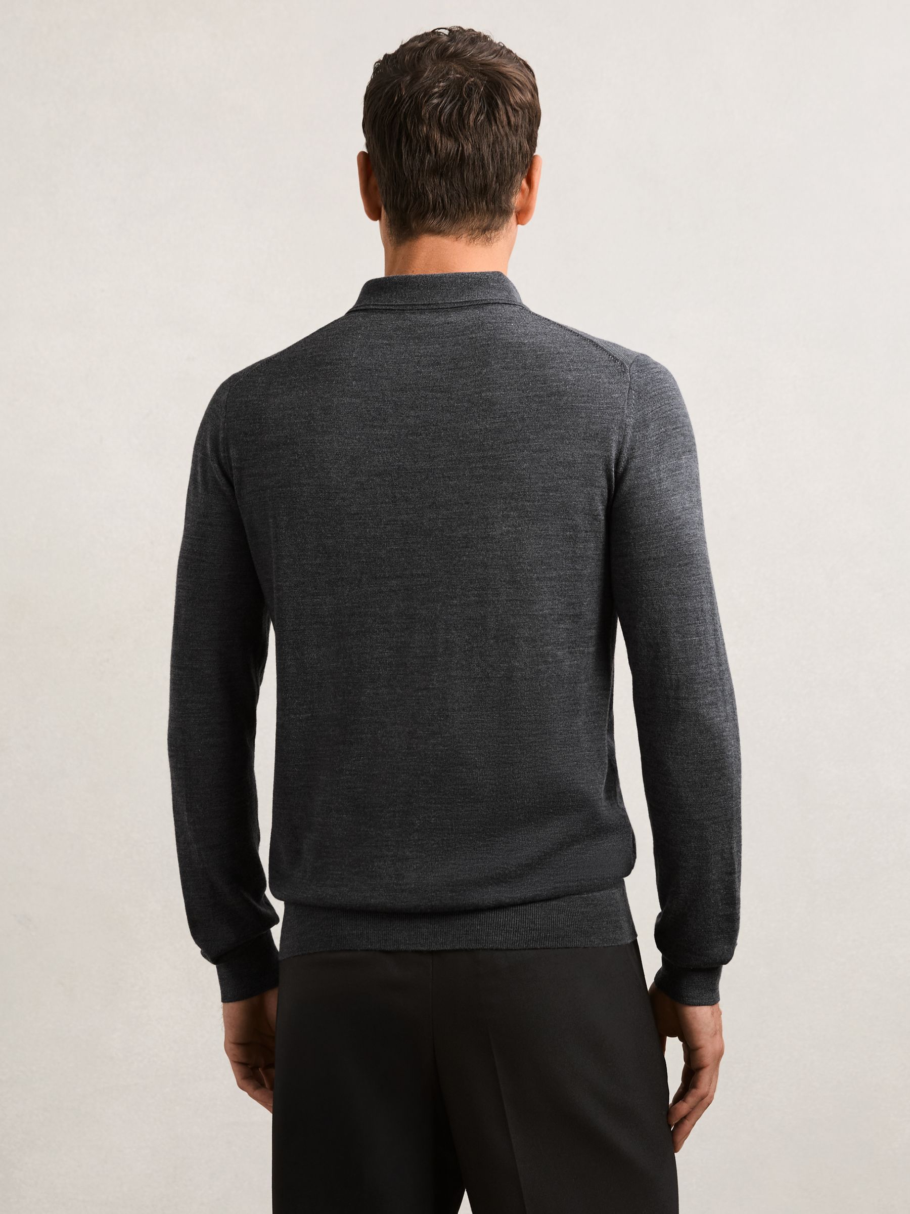 Reiss Merino Wool Long-Sleeve Polo Shirt in Derby Grey Marl - REISS