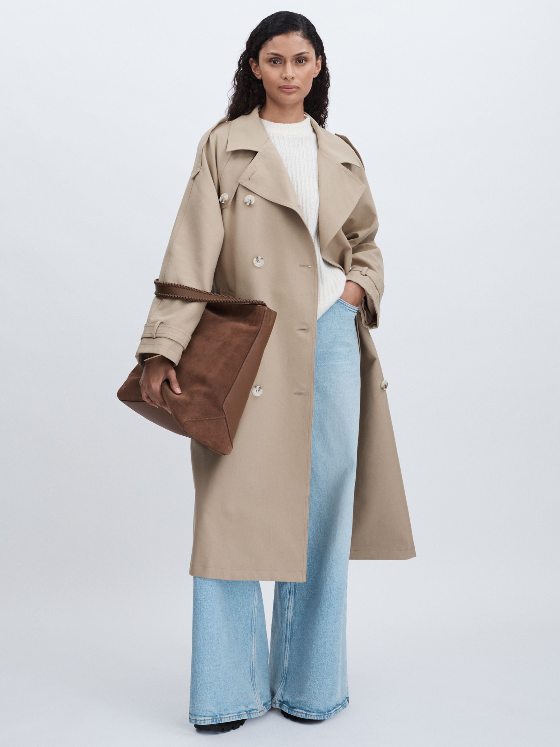Reiss Meotine Cotton-Canvas Double-Breasted Trench Coat in Beige - REISS