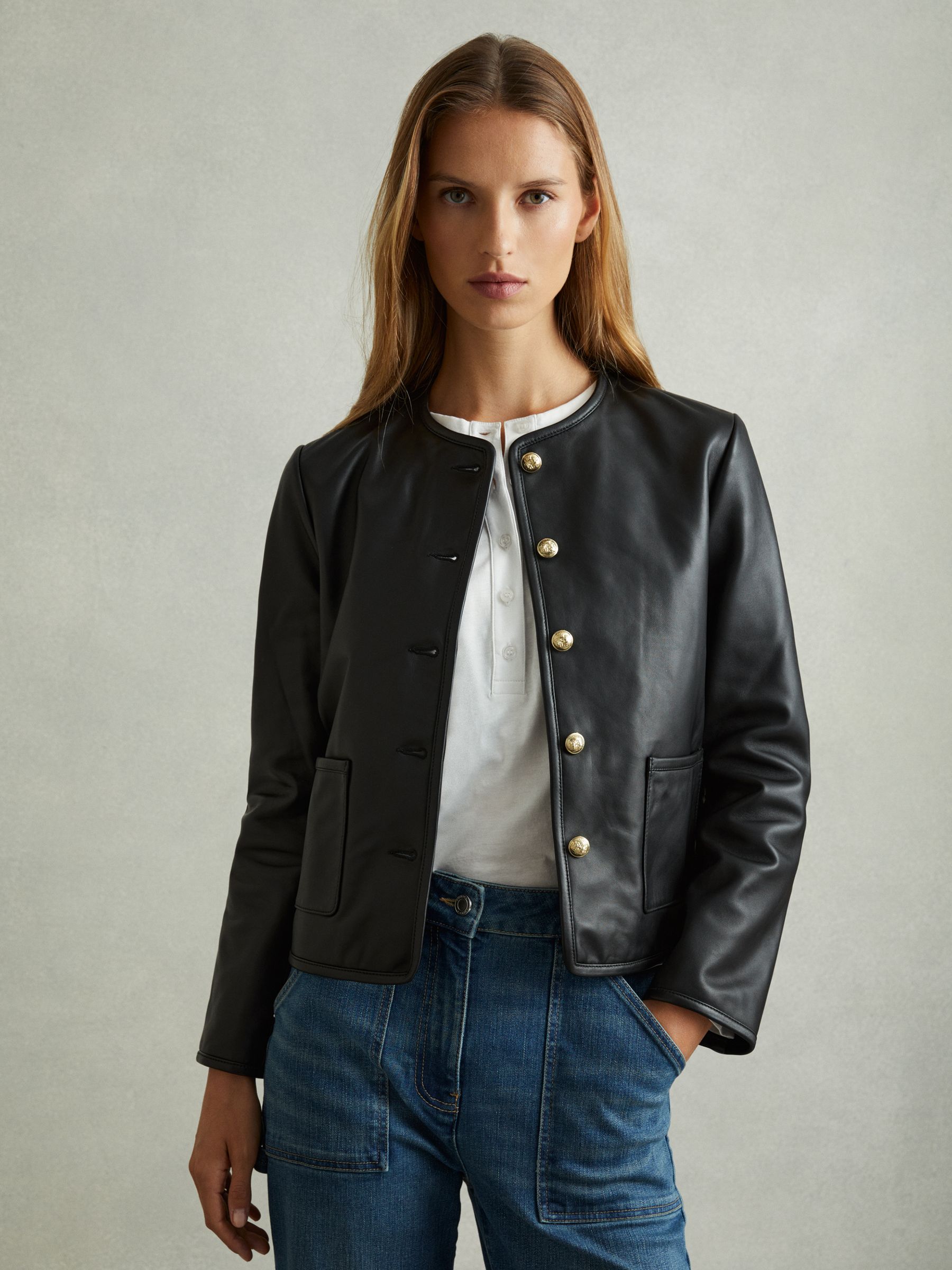 Reiss Cropped Leather Jacket in Black | REISS