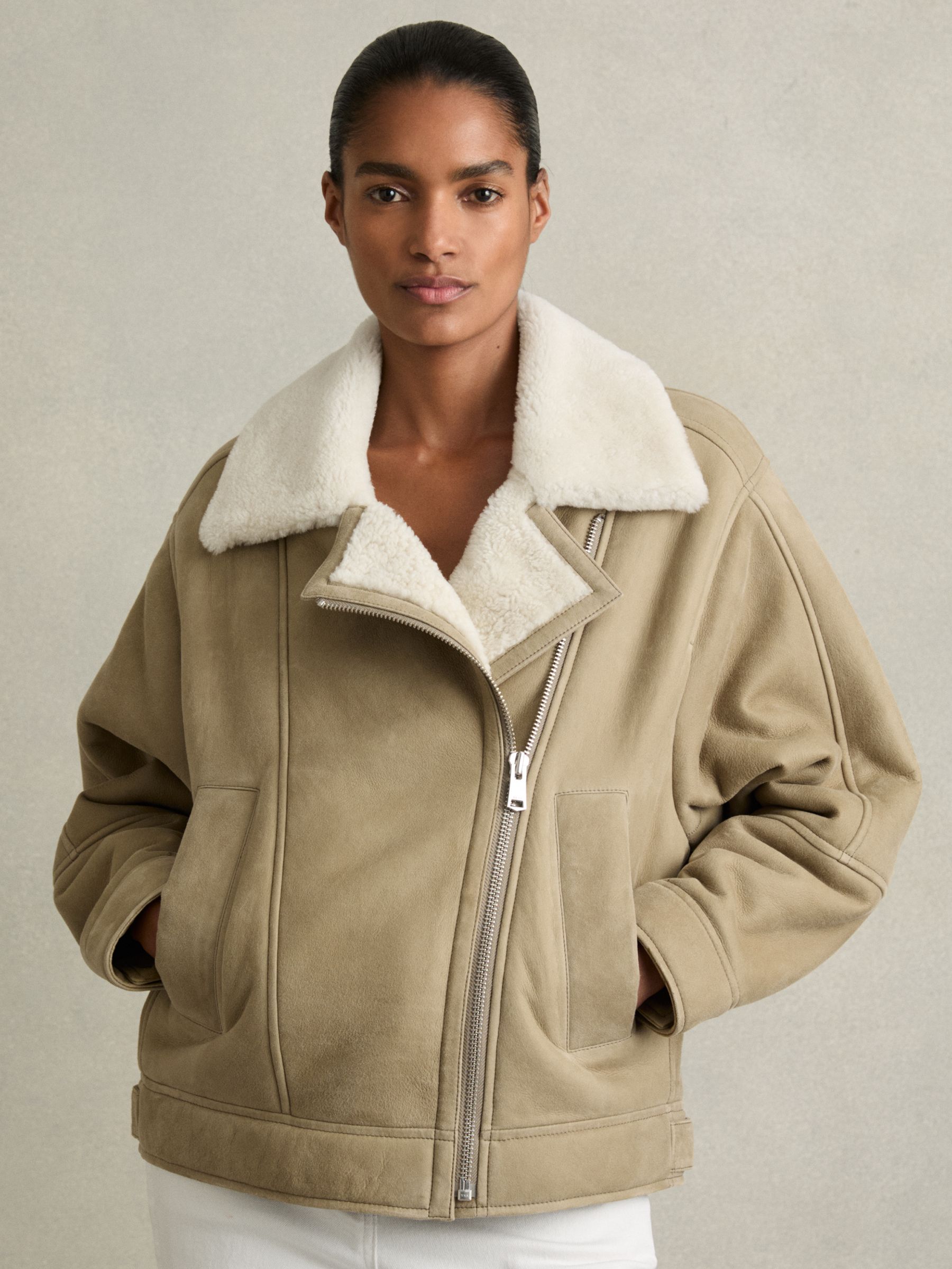Reiss Shearling-Lined Leather Aviator Jacket in Light Green - REISS