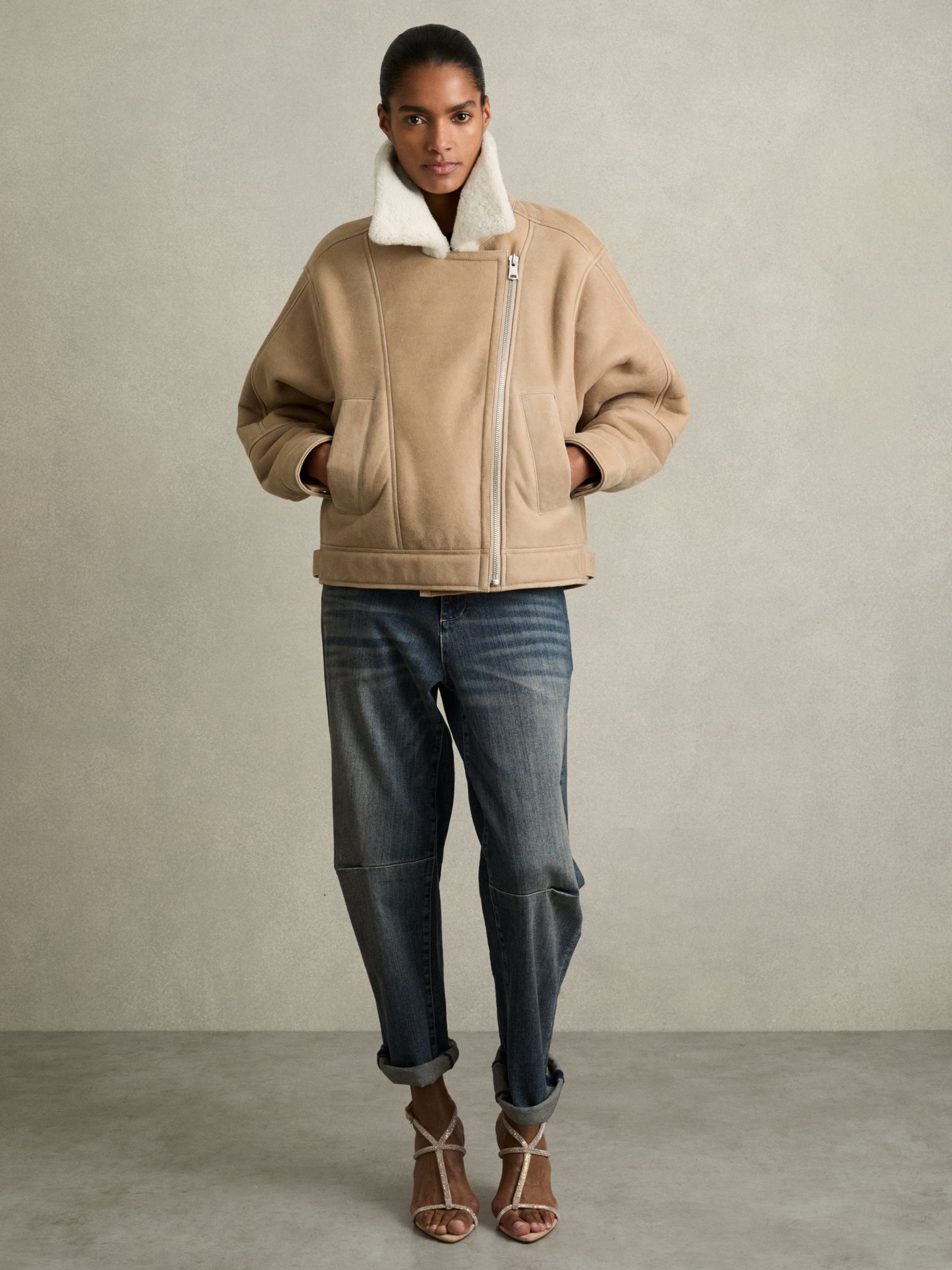 Reiss Shearling-Lined Leather Aviator Jacket in Neutral | REISS