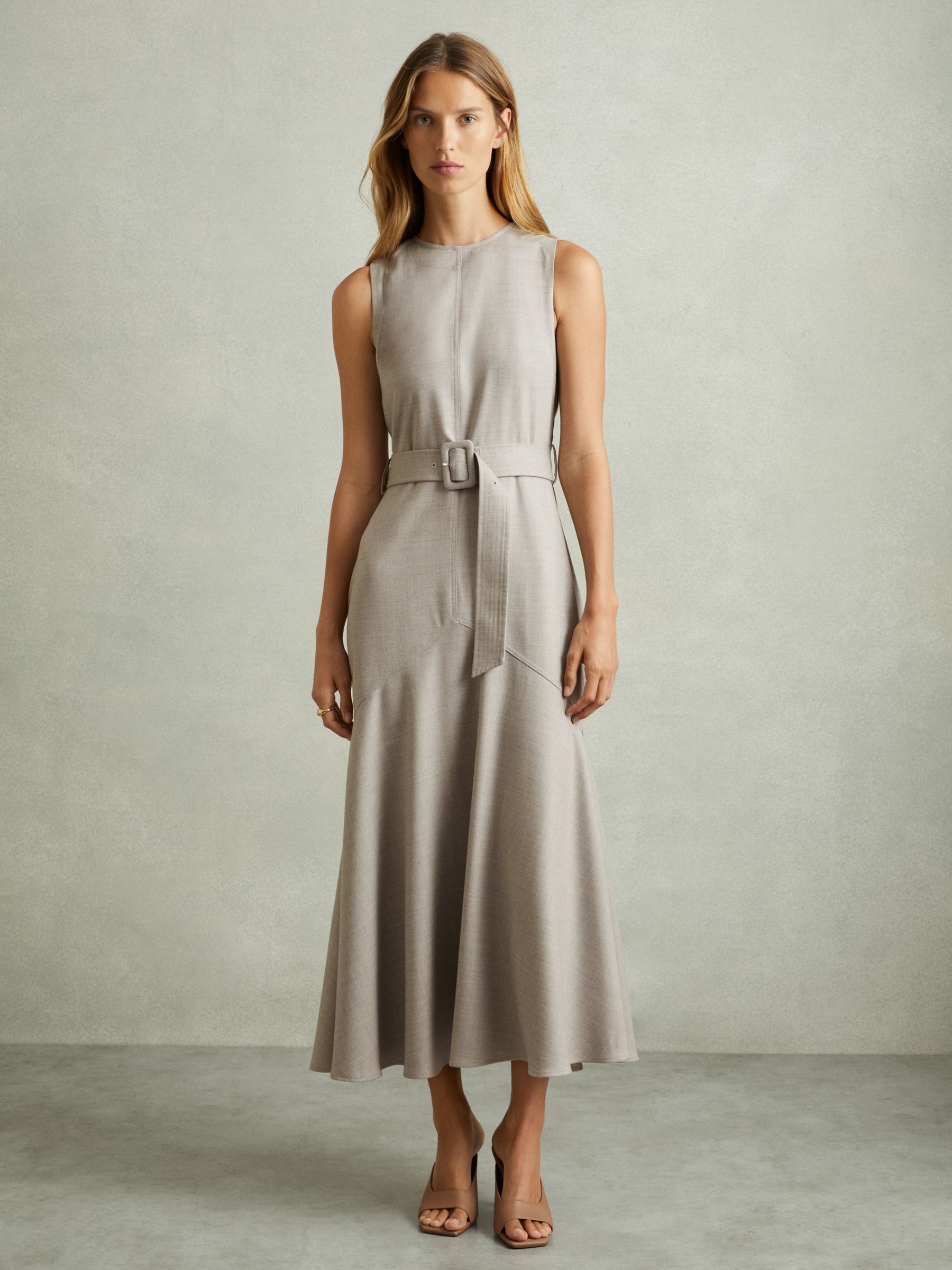 Reiss Belted Flared Midi Dress in Grey - REISS