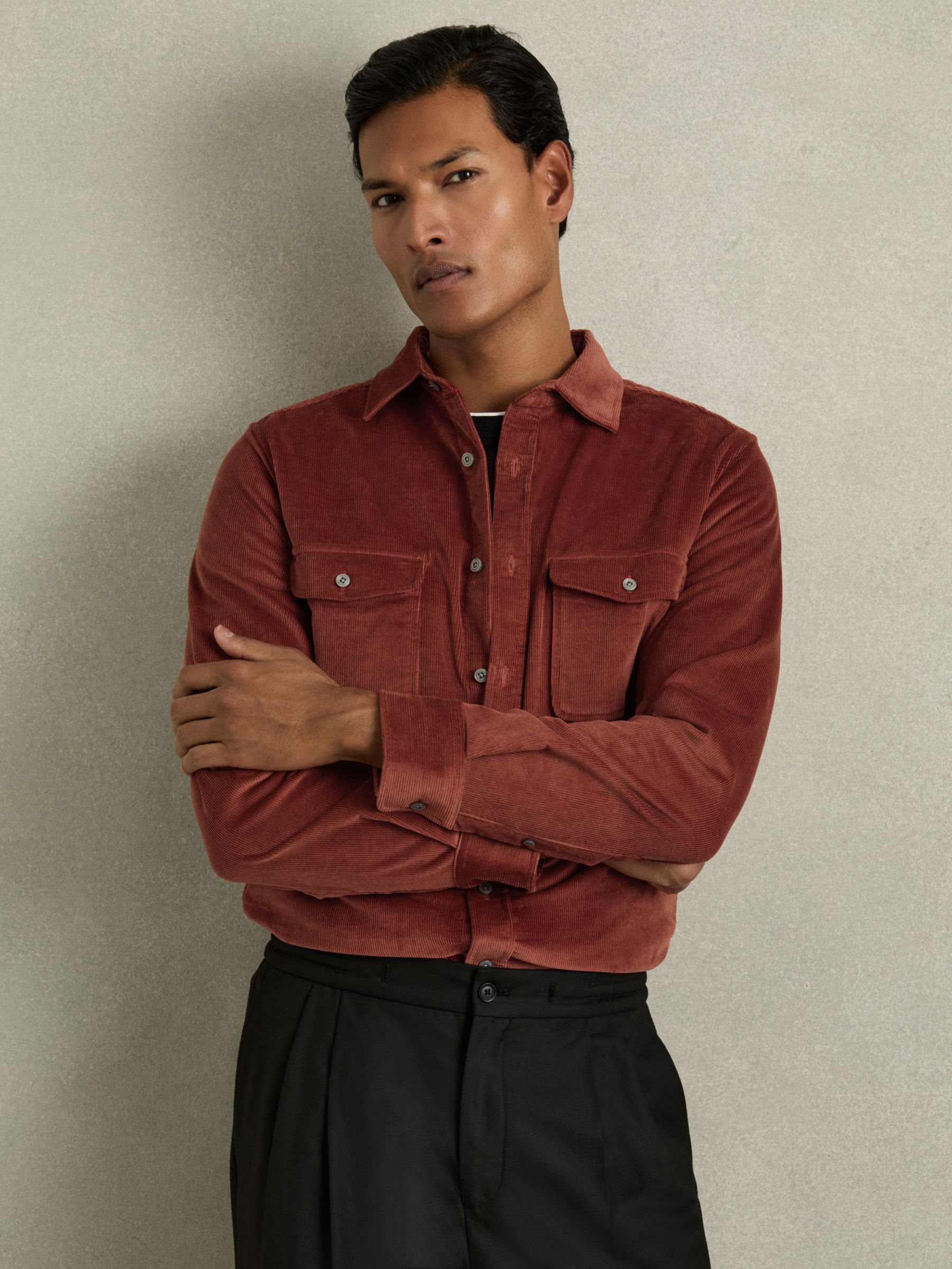 Reiss Cotton-Blend Corduroy Overshirt in Rust - REISS