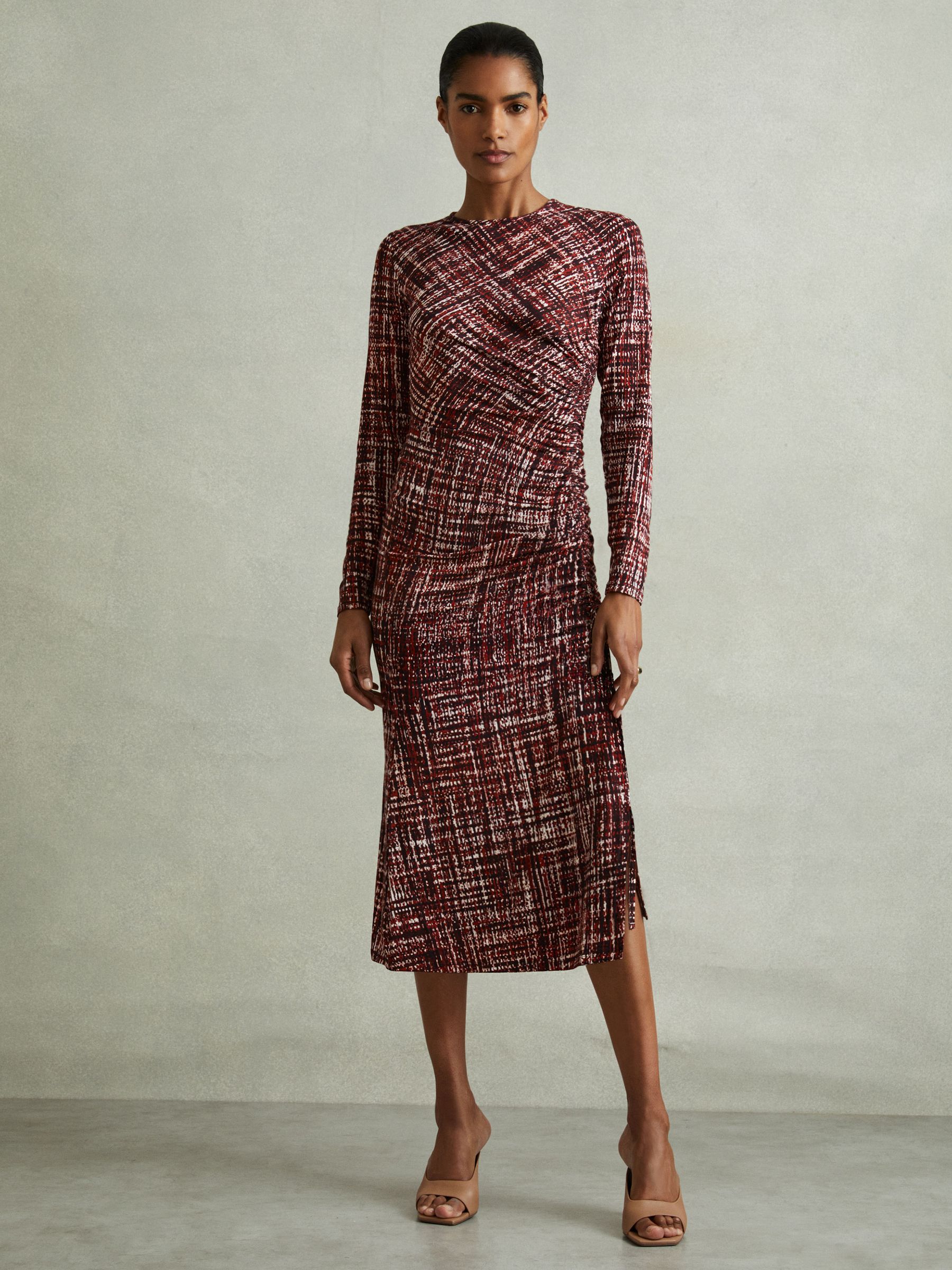 Reiss Petite Printed Ruched Midi Dress in Red | REISS