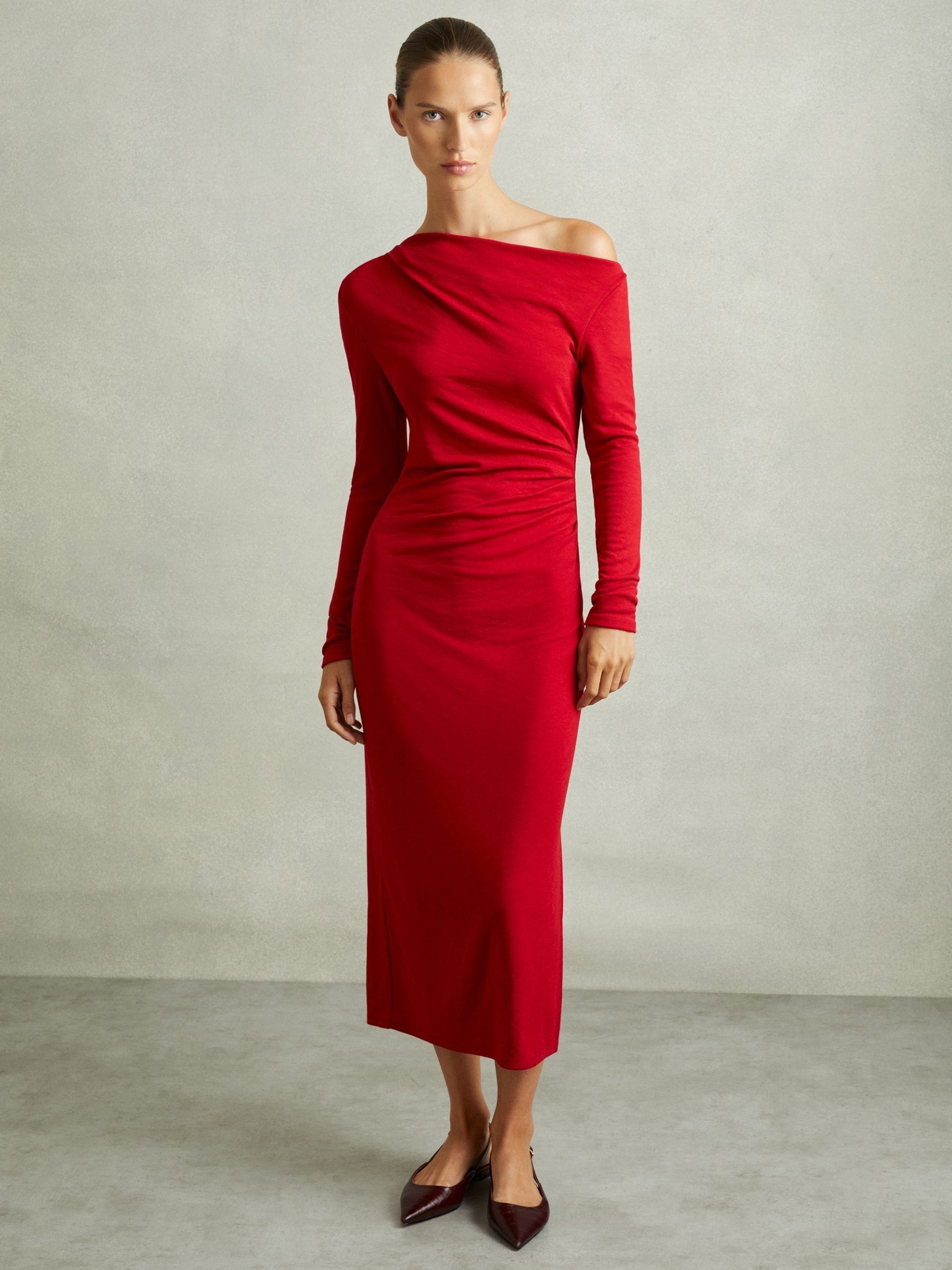 Reiss Off-The-Shoulder Jersey Midi Dress in Red | REISS