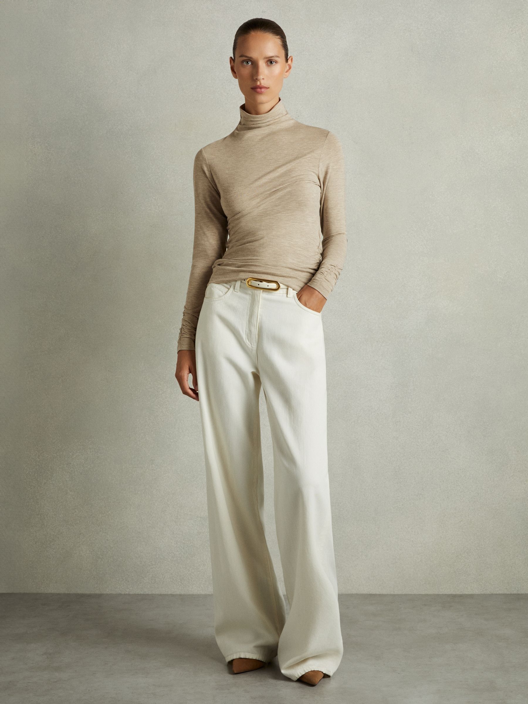 Reiss Ruched Jersey Top with Wool in Neutral | REISS