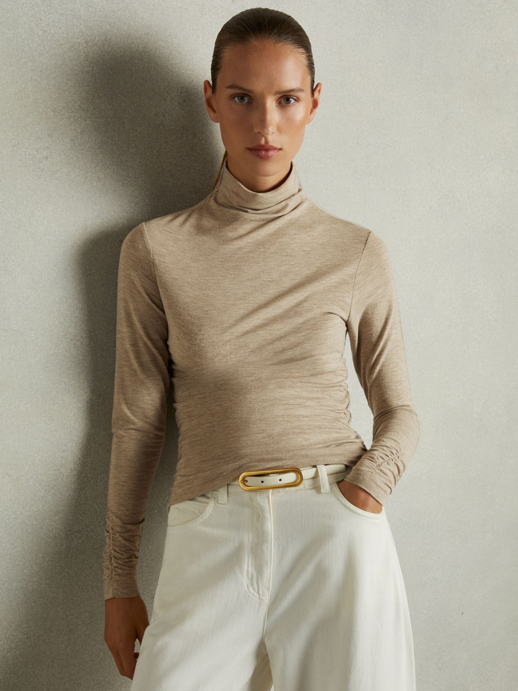 Reiss Ruched Jersey Top with Wool in Neutral | REISS