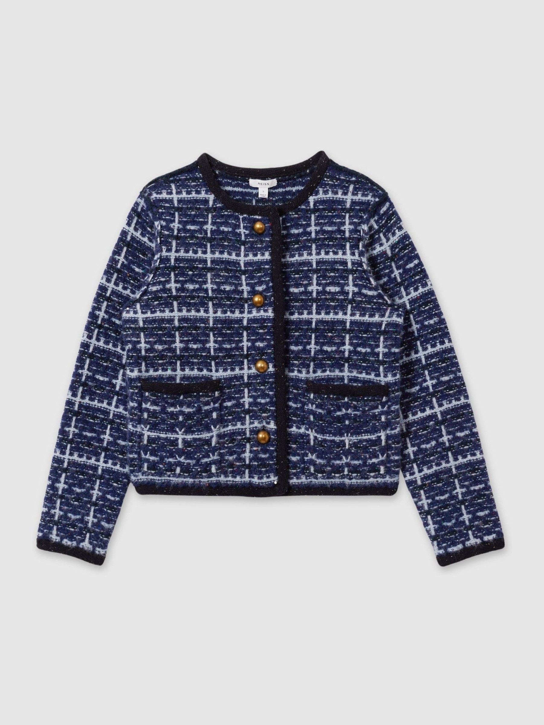 Reiss Tweed-Effect Cardigan with Merino in Blue - REISS