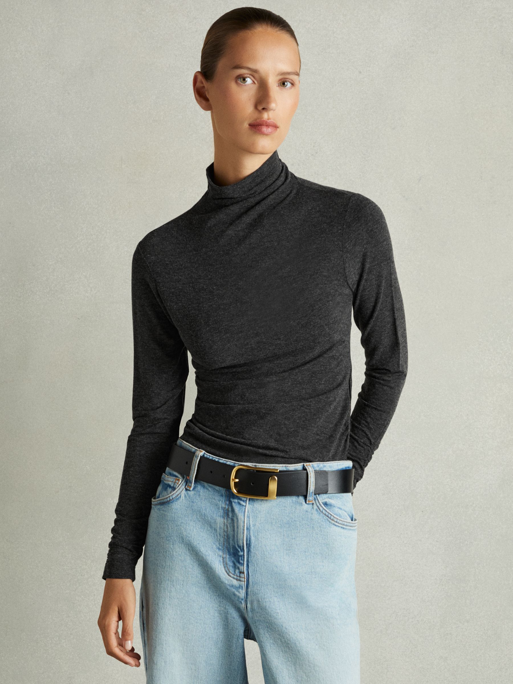 Reiss Ruched Jersey Top with Wool in Black - REISS