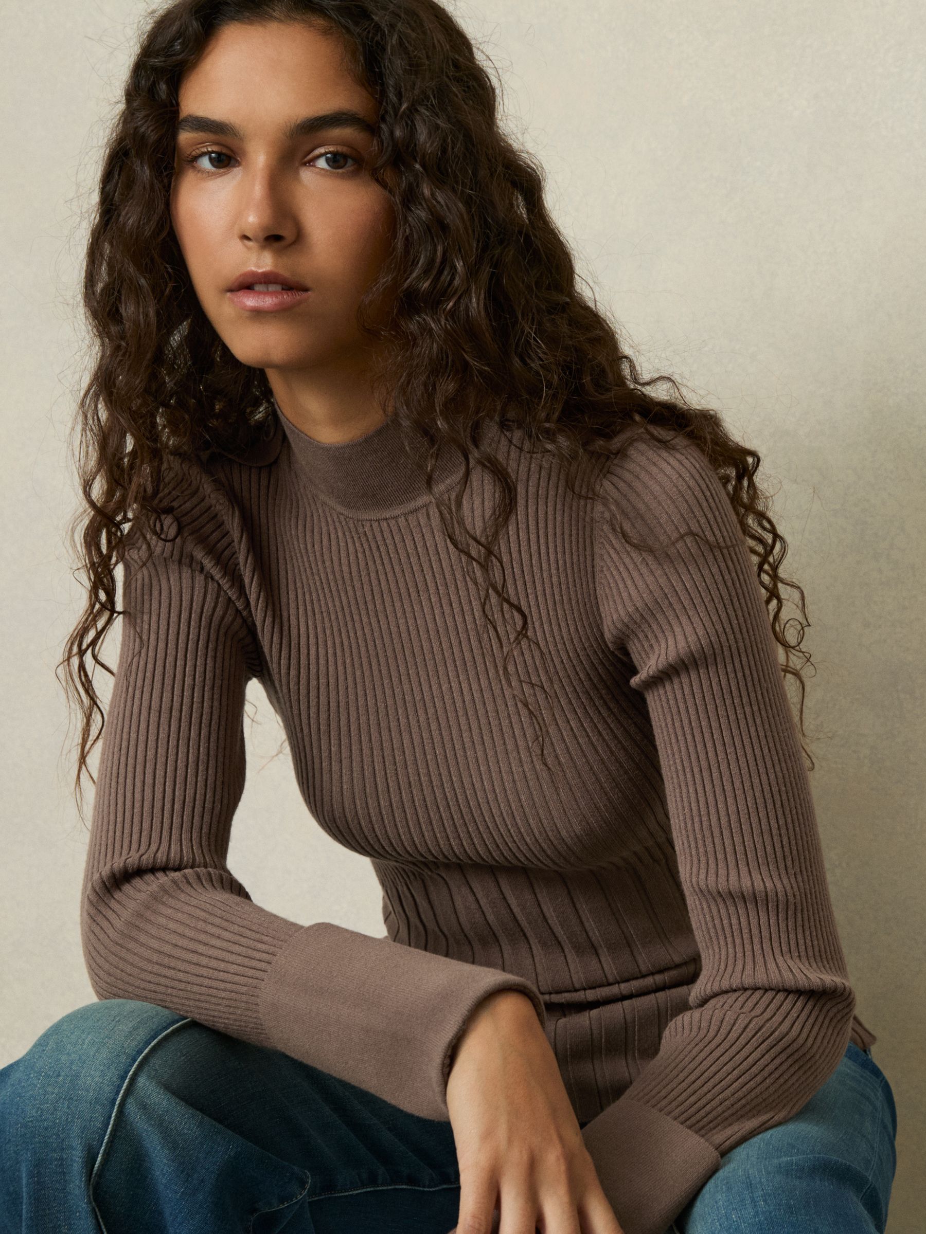 Reiss Rib-Knit High-Neck Top in Mink - REISS