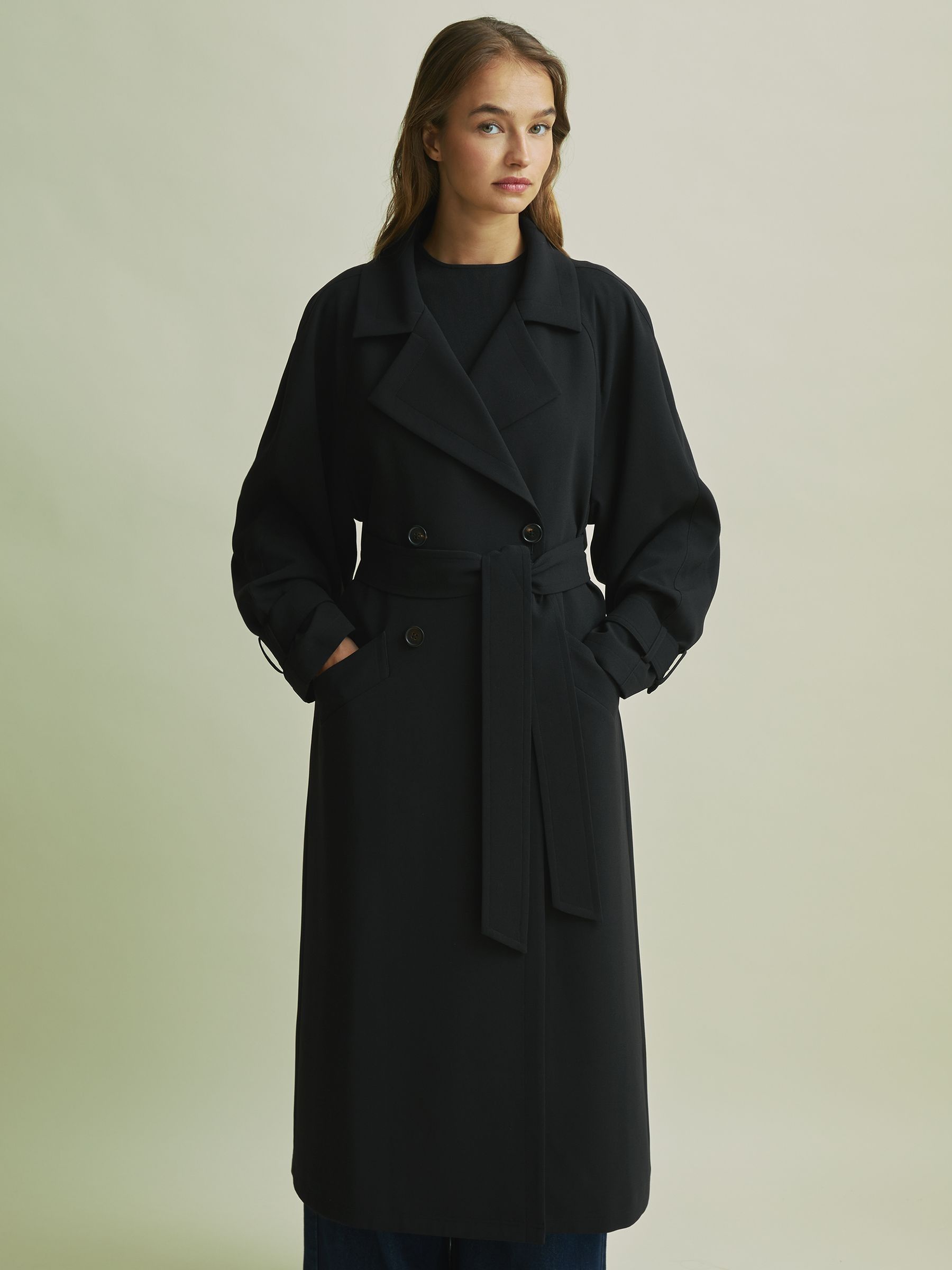 Reiss Florere Double Breasted Belted Trench Coat in Black - REISS
