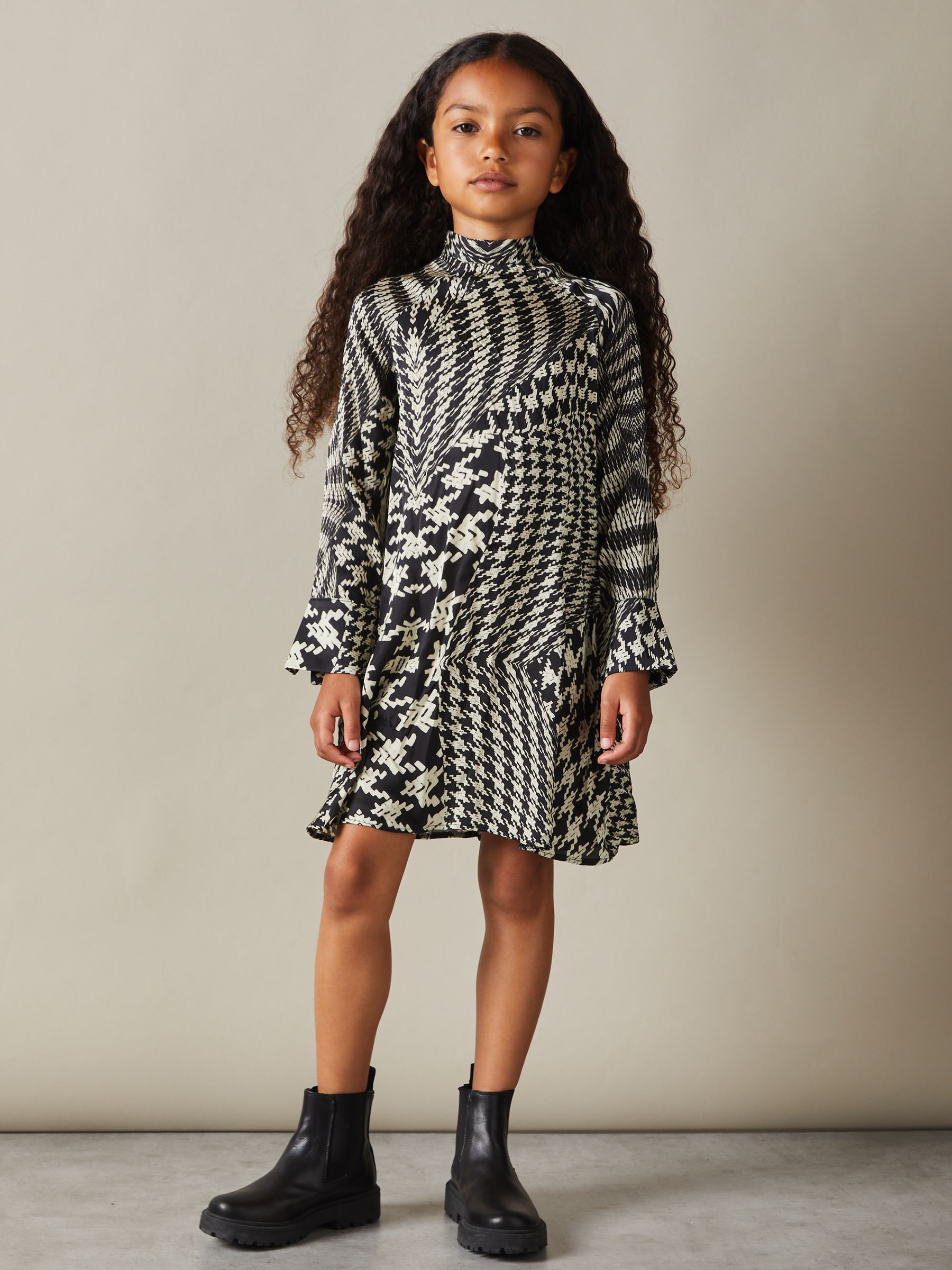 Reiss 4-9 yrs Dogtooth Flared Hem Dress in Black/Cream - REISS