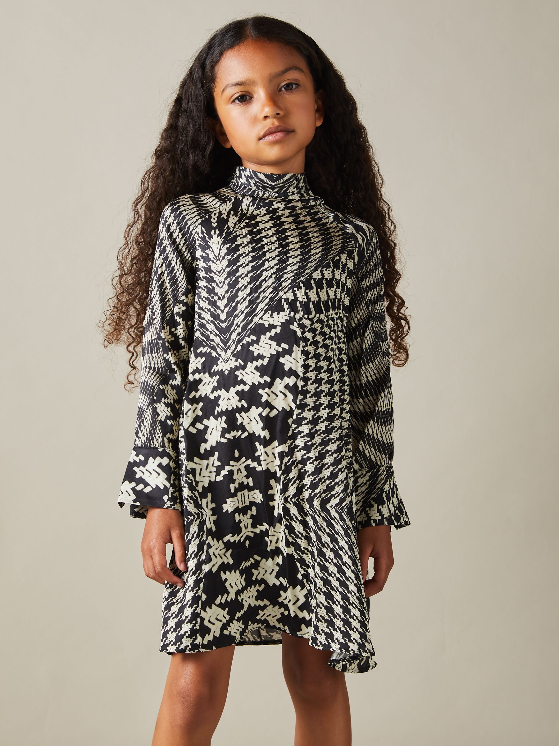 Reiss 4-9 yrs Dogtooth Flared Hem Dress in Black/Cream - REISS