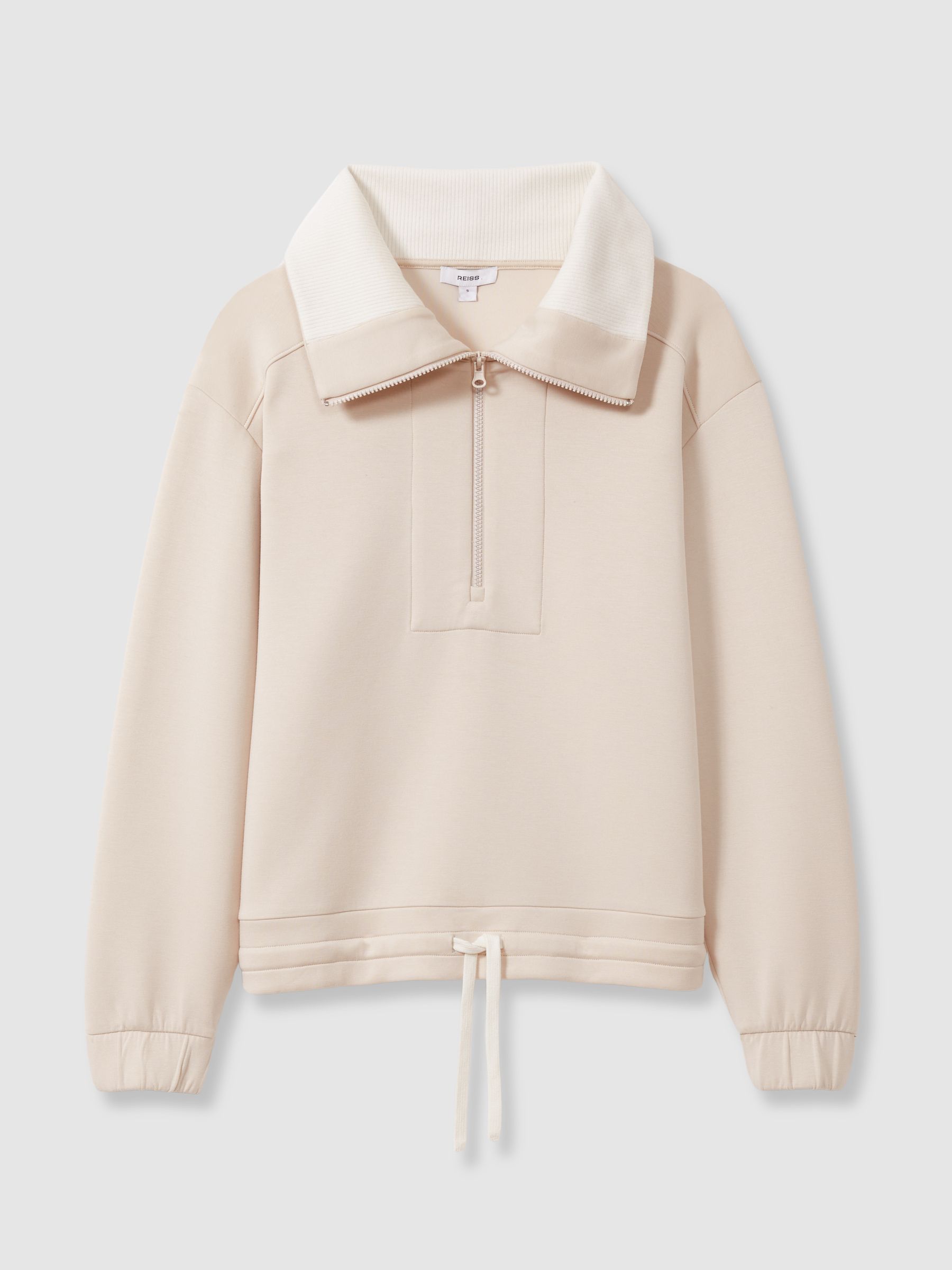 Reiss Interlock Half-Zip Drawstring-Hem Sweatshirt in Stone - REISS