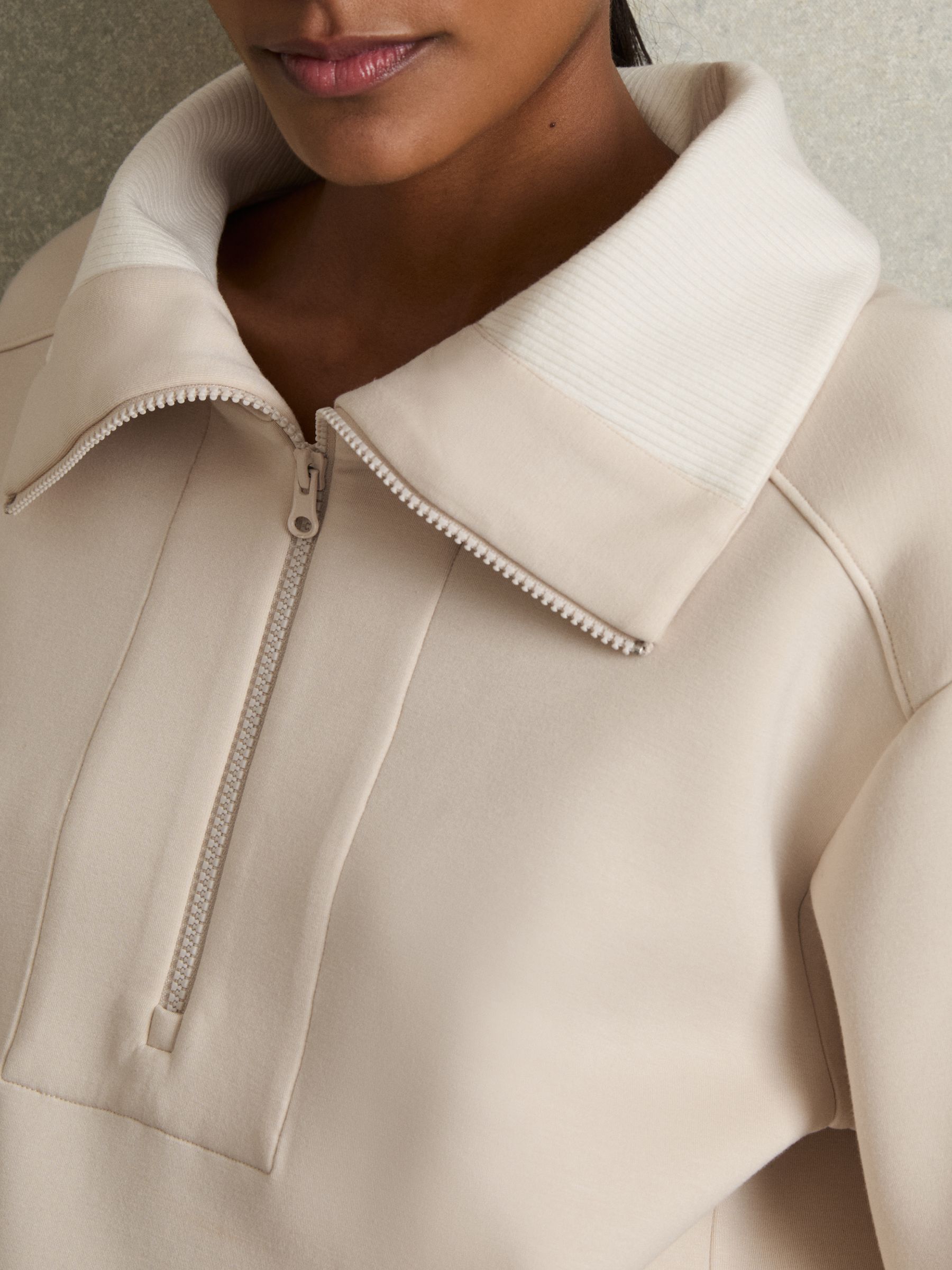 Reiss Interlock Half-Zip Drawstring-Hem Sweatshirt in Stone - REISS