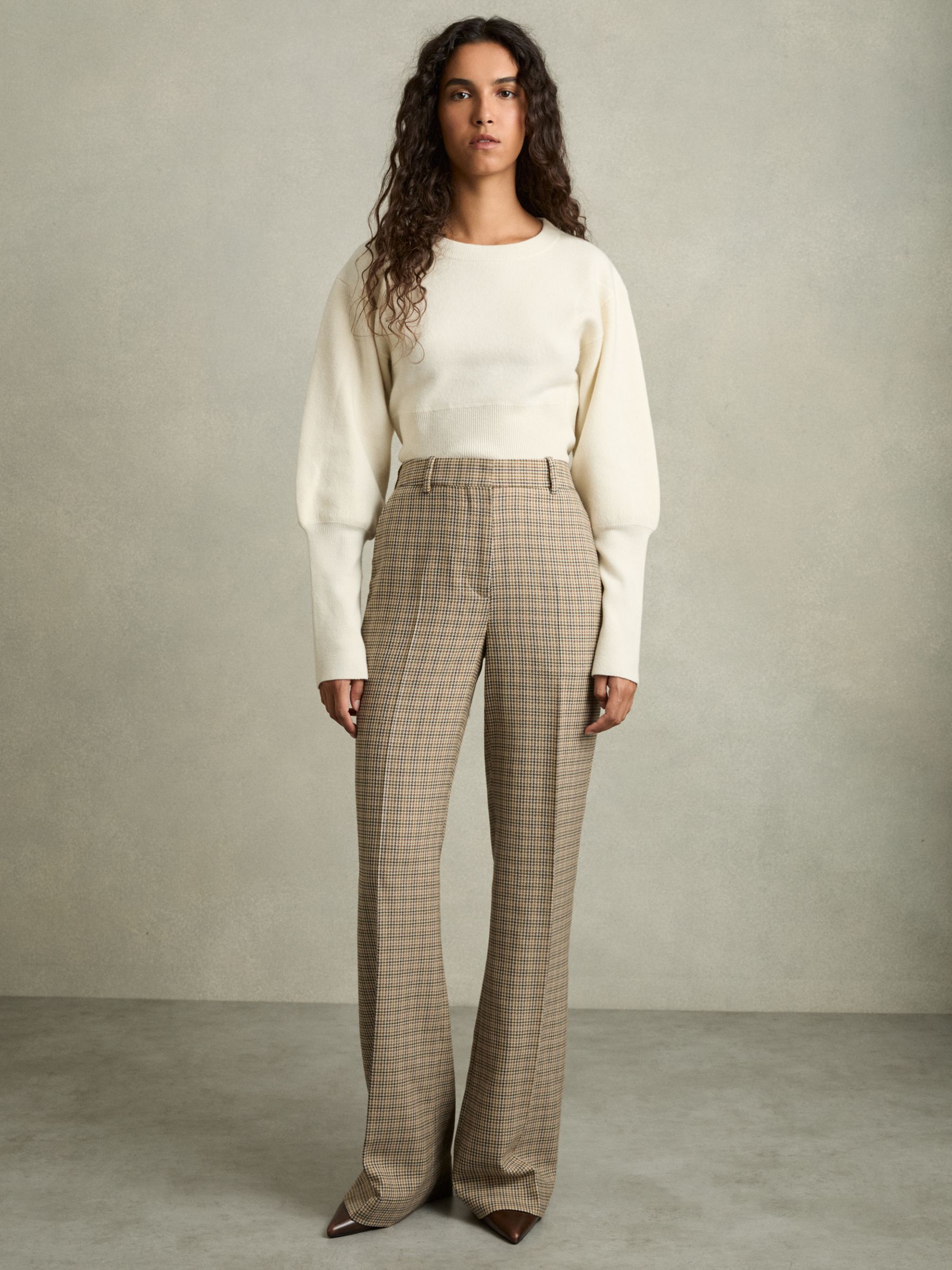 Reiss Wool Wide-Leg Houndstooth-Check Trousers in Brown Check - REISS