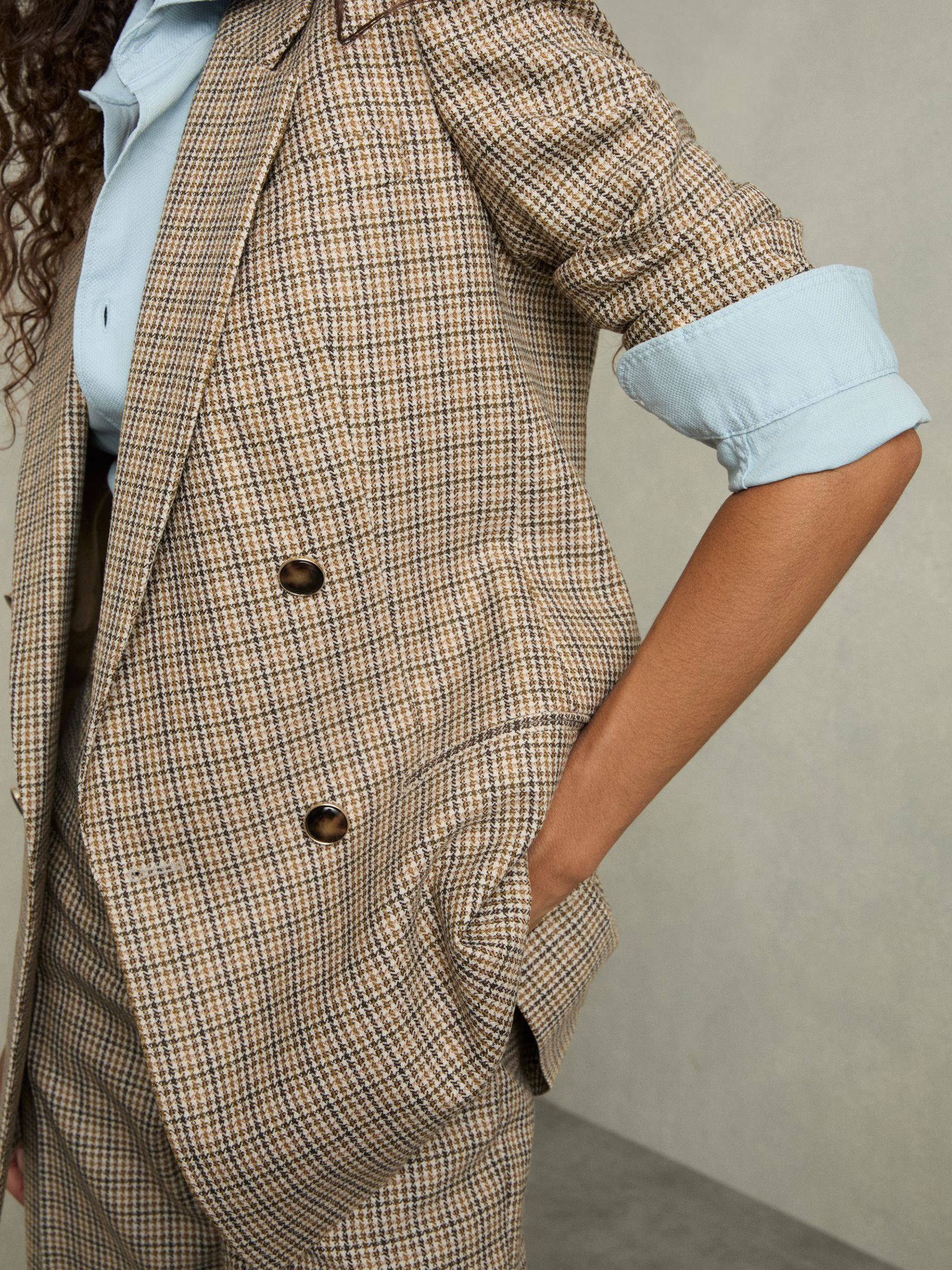 Reiss Wool Double-Breasted Houndstooth-Check Blazer in Brown Check - REISS